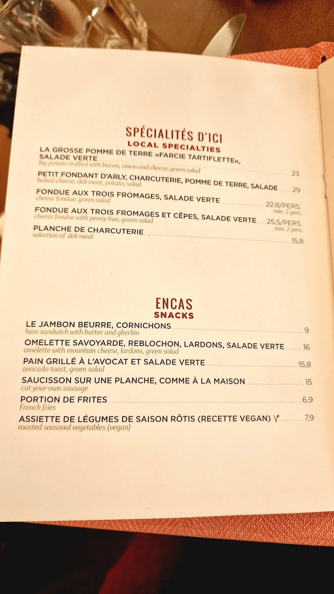 Menu au Rose Du Pont restaurant, Chamonix-Mont-Blanc