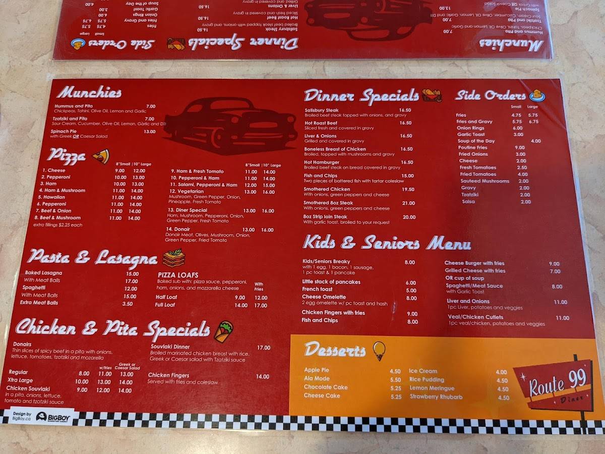 Menu at Route 99 Diner restaurant, Edmonton
