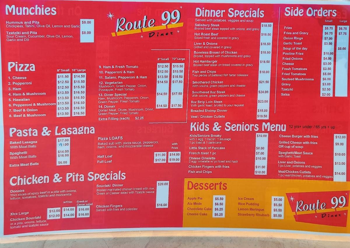 Menu at Route 99 Diner restaurant, Edmonton