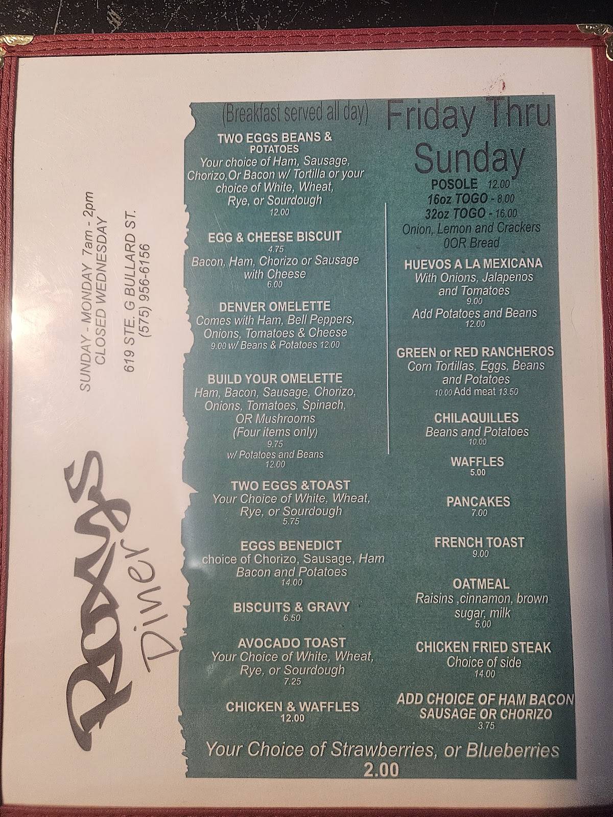 Menu at Roxy's restaurant, Silver City
