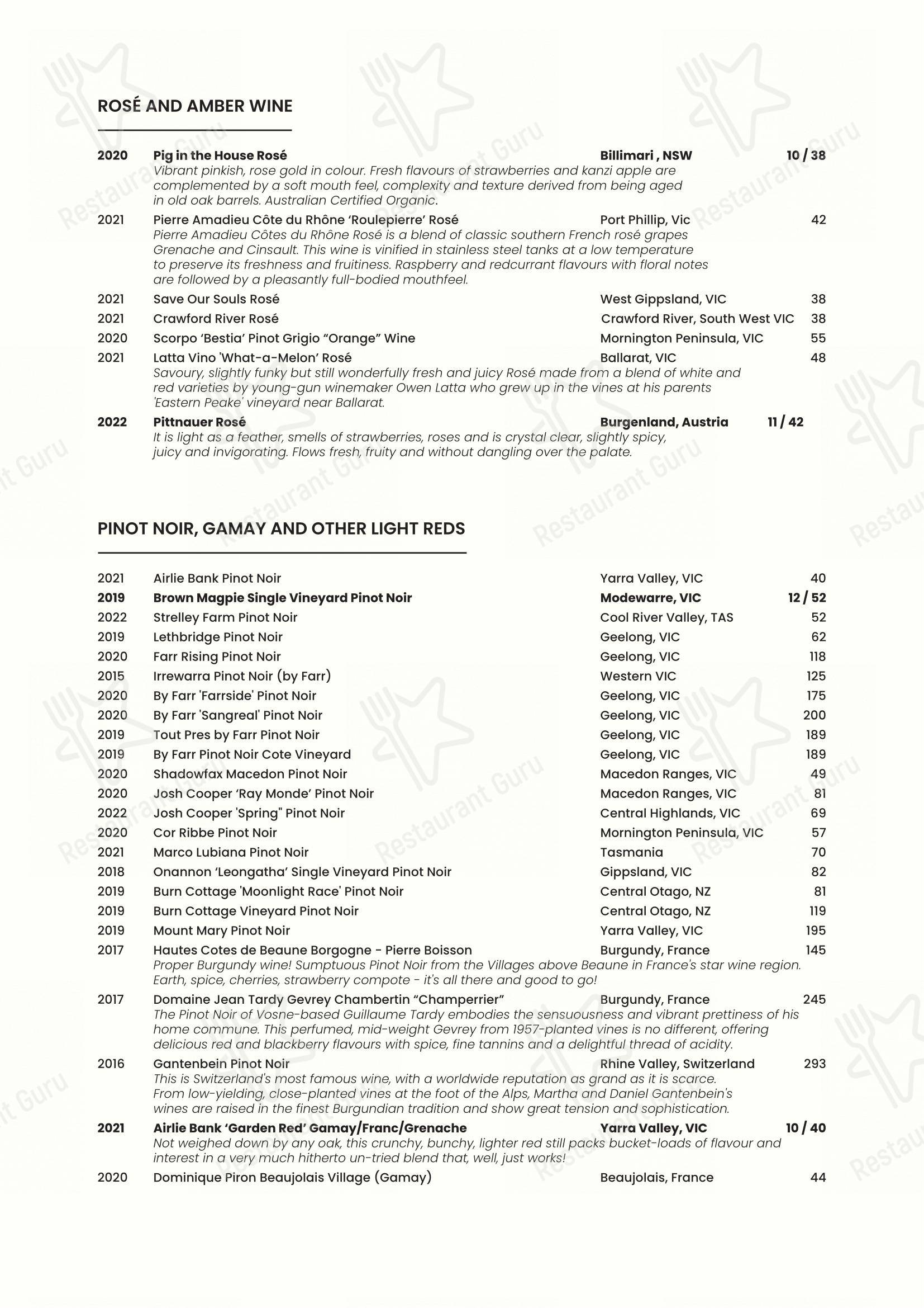 Menu at Royal Mail Hotel Birregurra pub & bar, Birregurra