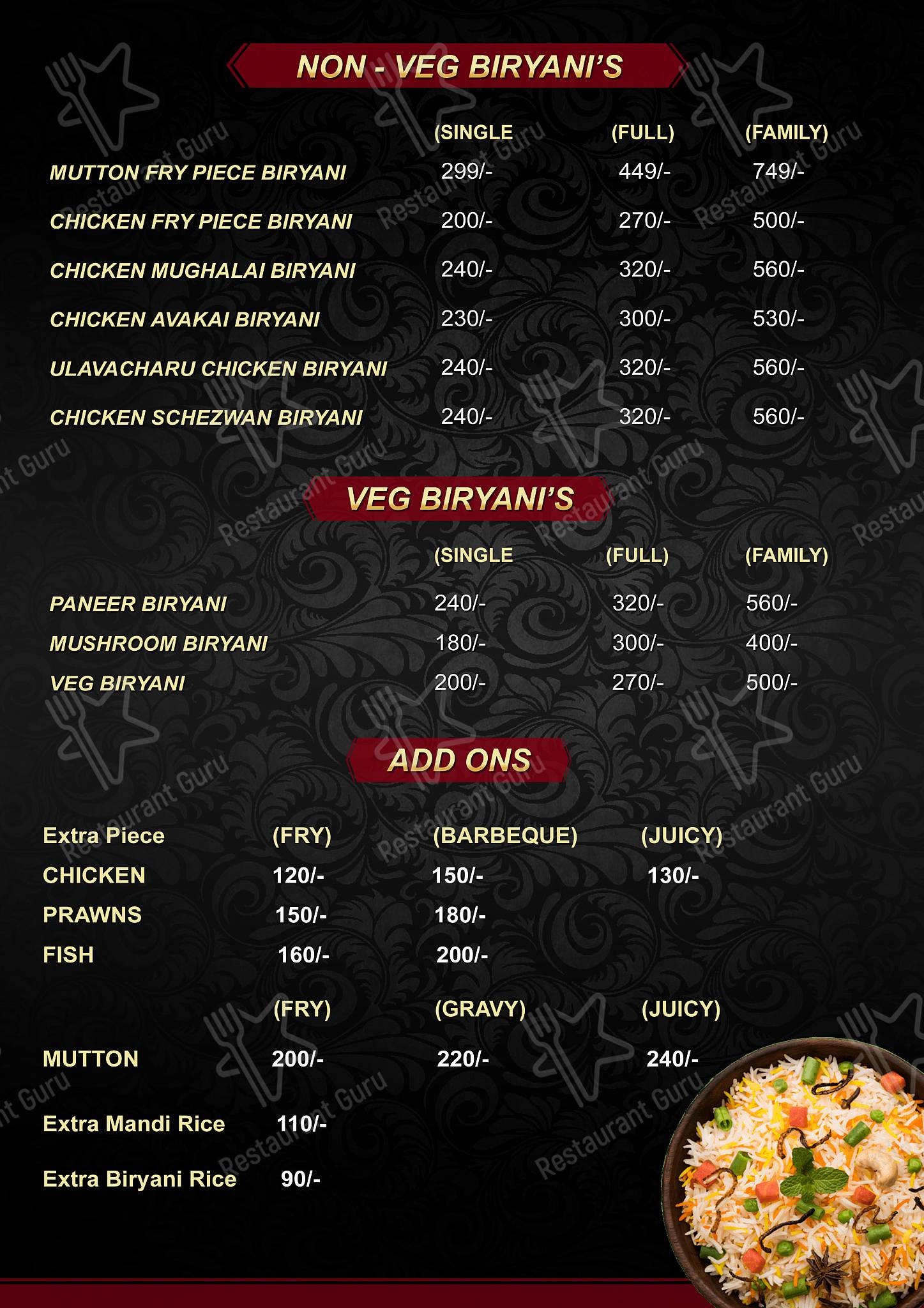 Menu at Royal Mandi House, Malikipuram