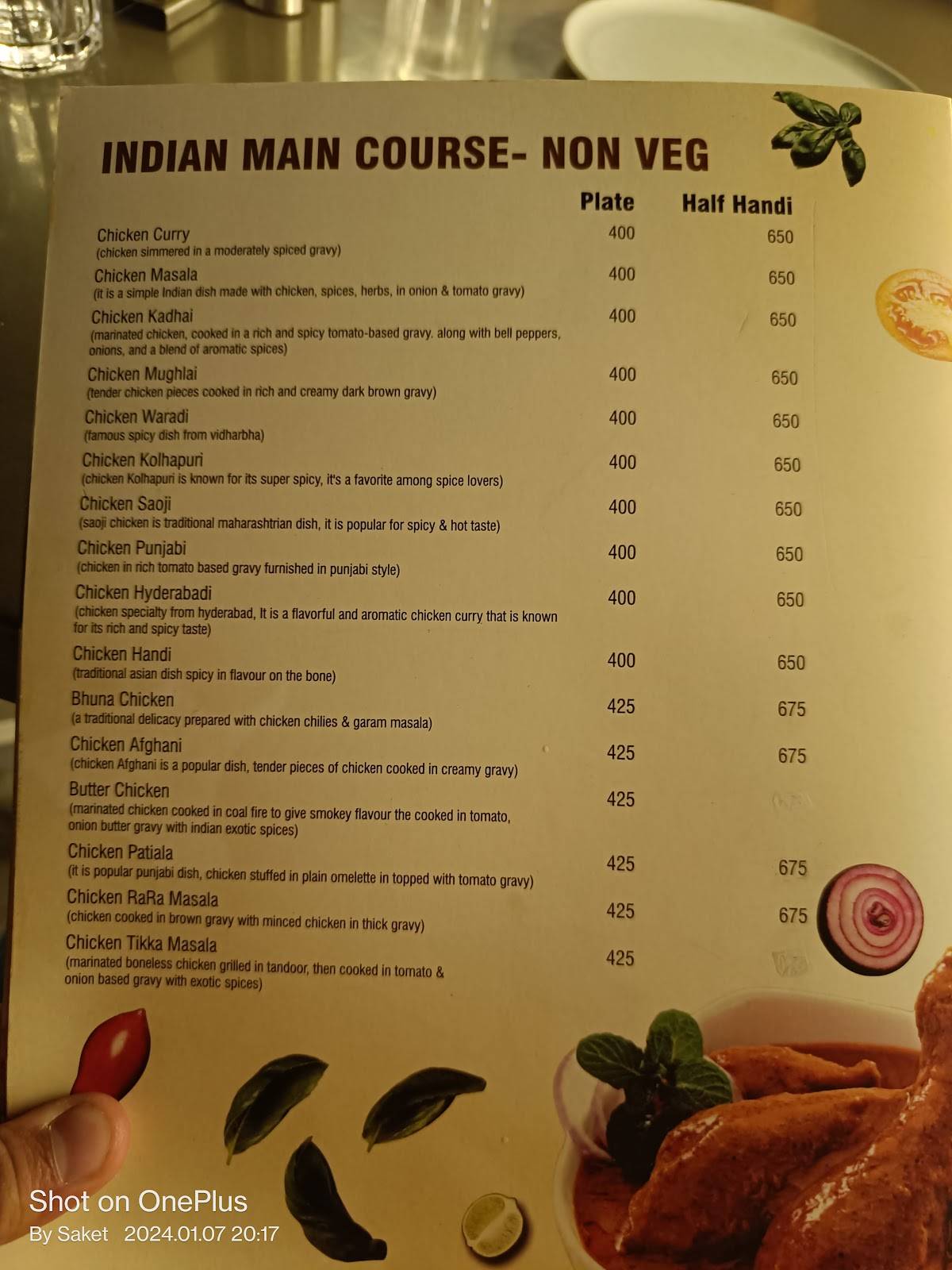 Menu at Royal Mint, Nagpur