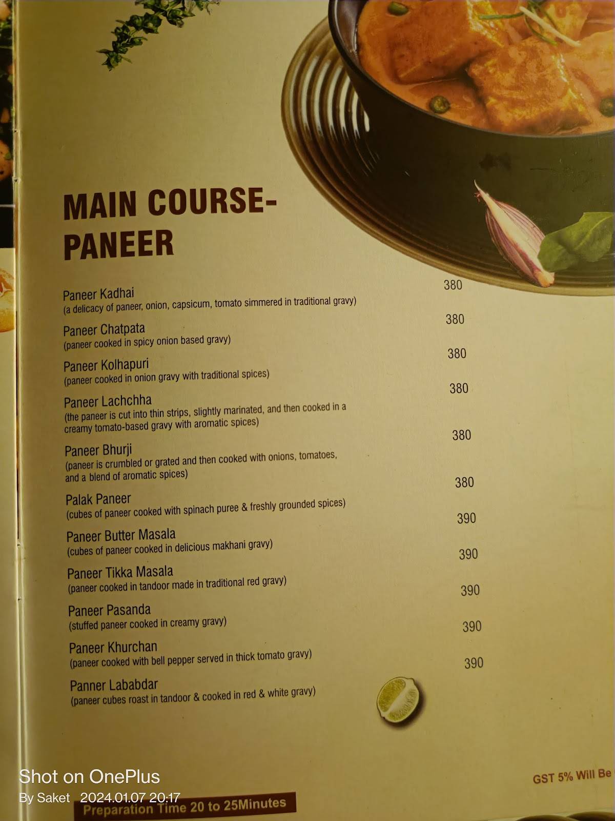 Menu at Royal Mint, Nagpur