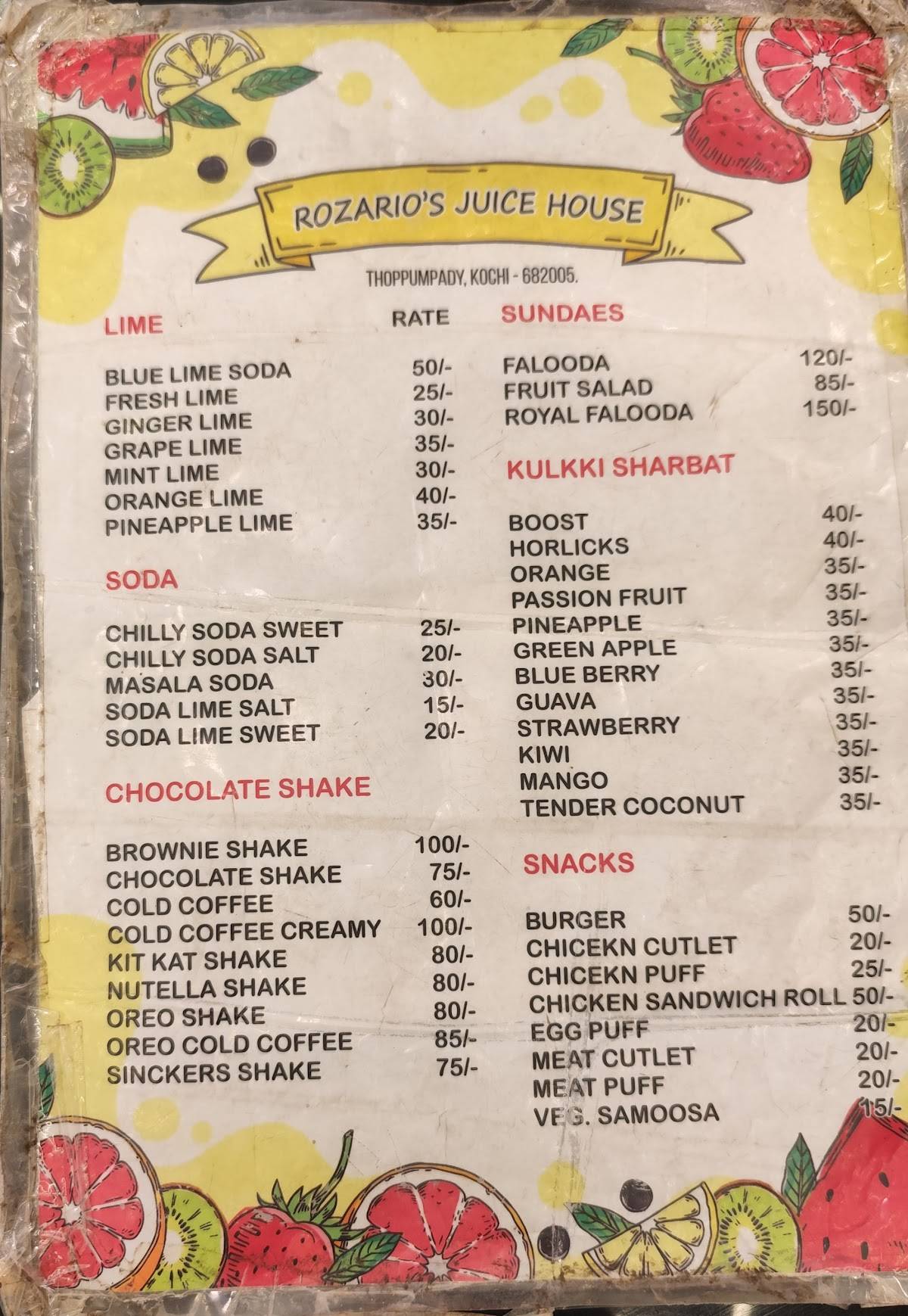 Menu at Rozario's Bakers & Restaurant, Kochi