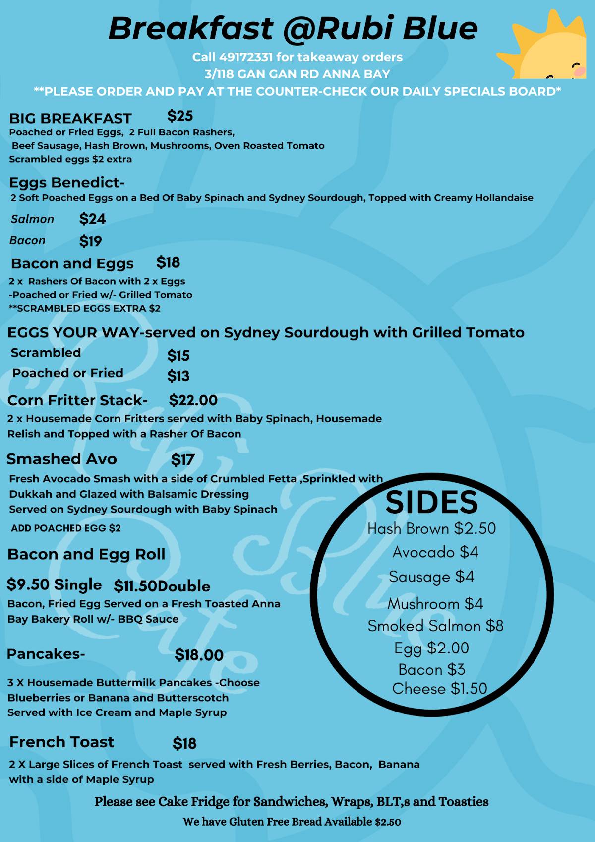 Menu at Rubi Blue Cafe Anna Bay, Anna Bay