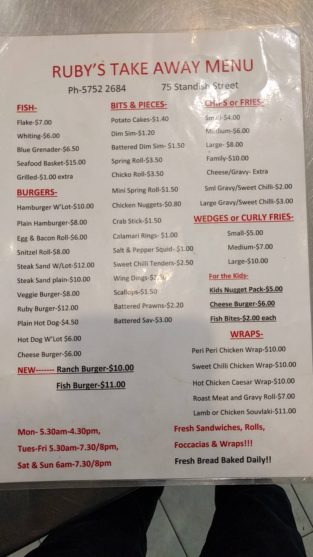 Menu at Ruby's Takeaway cafe, Myrtleford