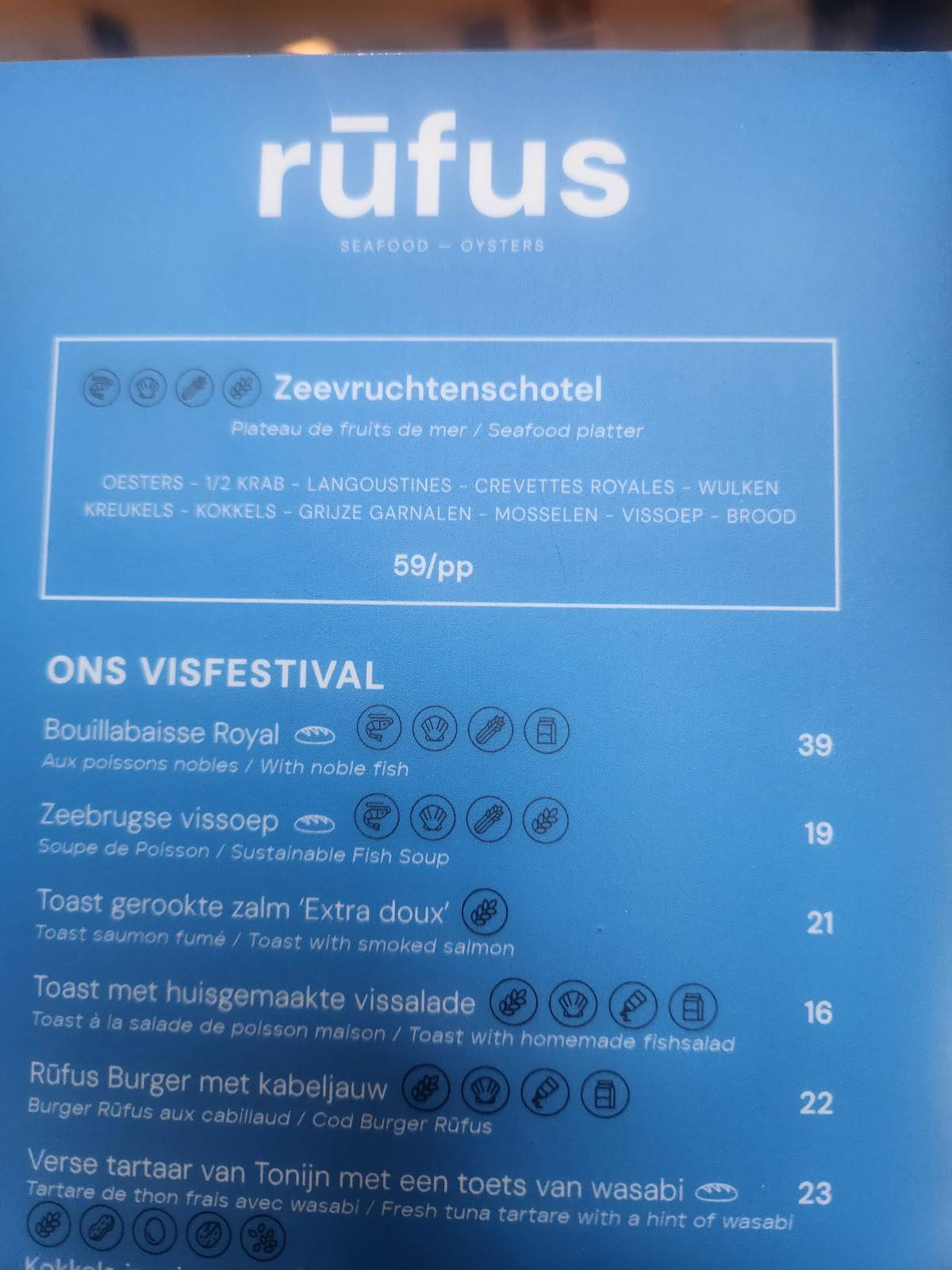 Menu at Rufus seafood & oysters, Bruges
