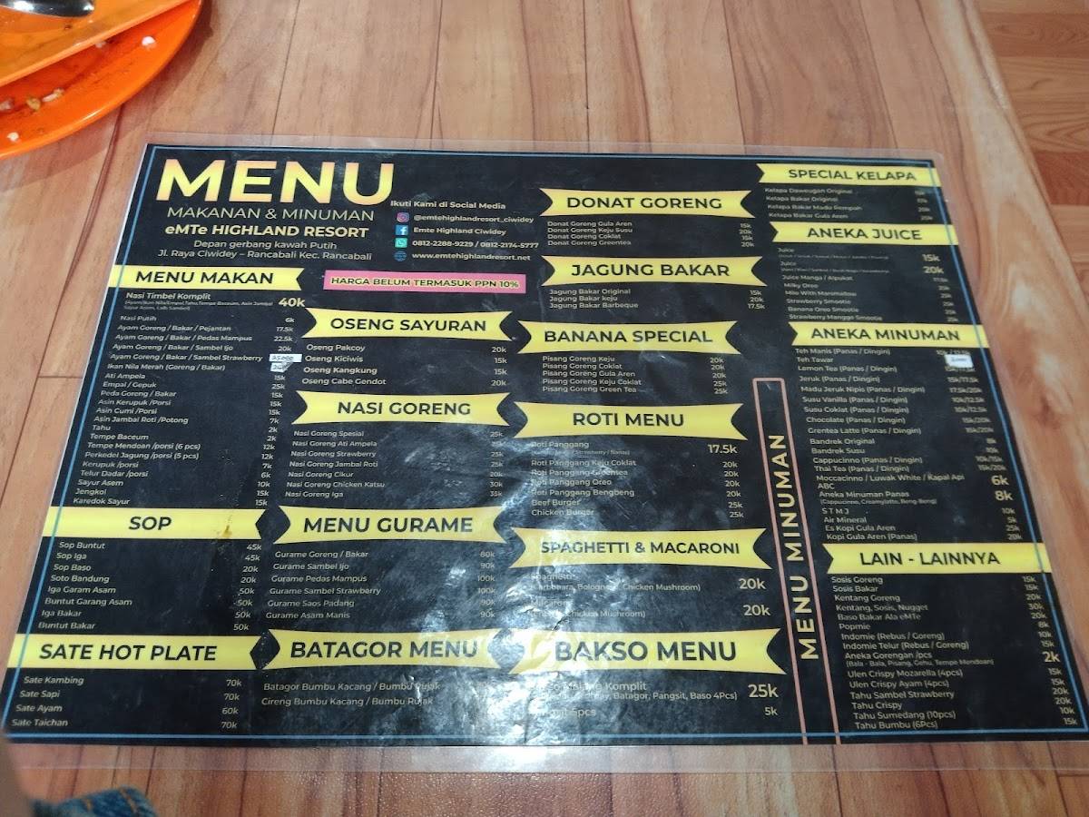Carta de Rumah Makan Emte Highland Resort, Ciwidey