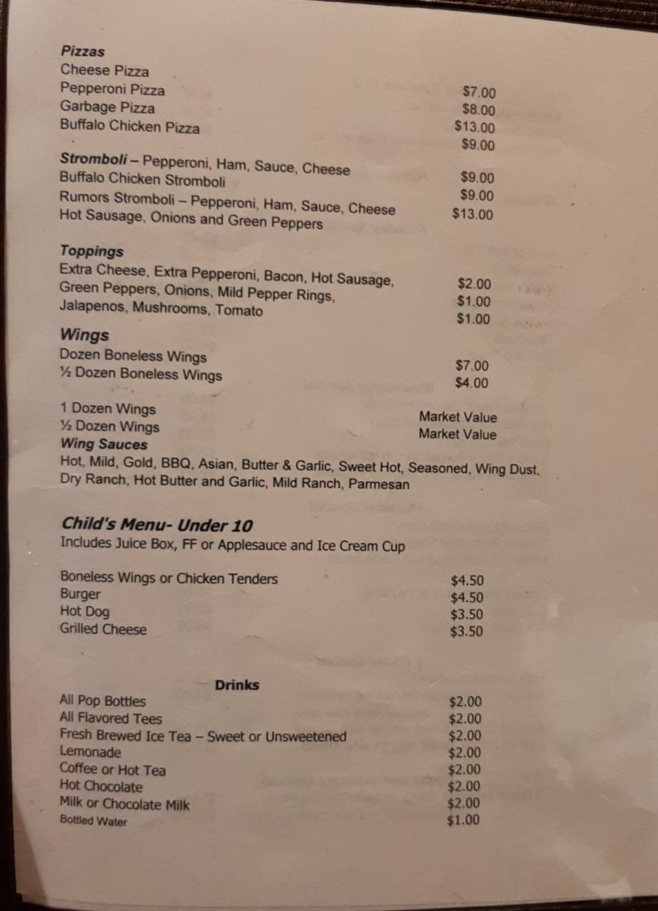 Menu at Rumors Tavern pub & bar, Punxsutawney