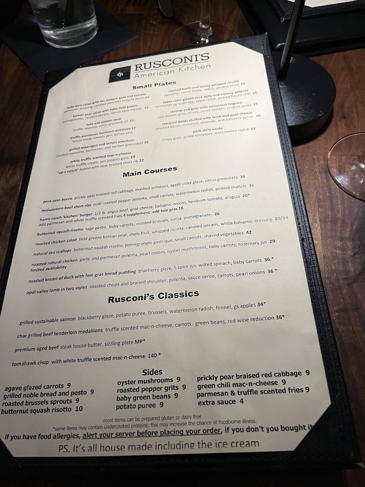 Menu at Rusconi's American Kitchen restaurant, Phoenix