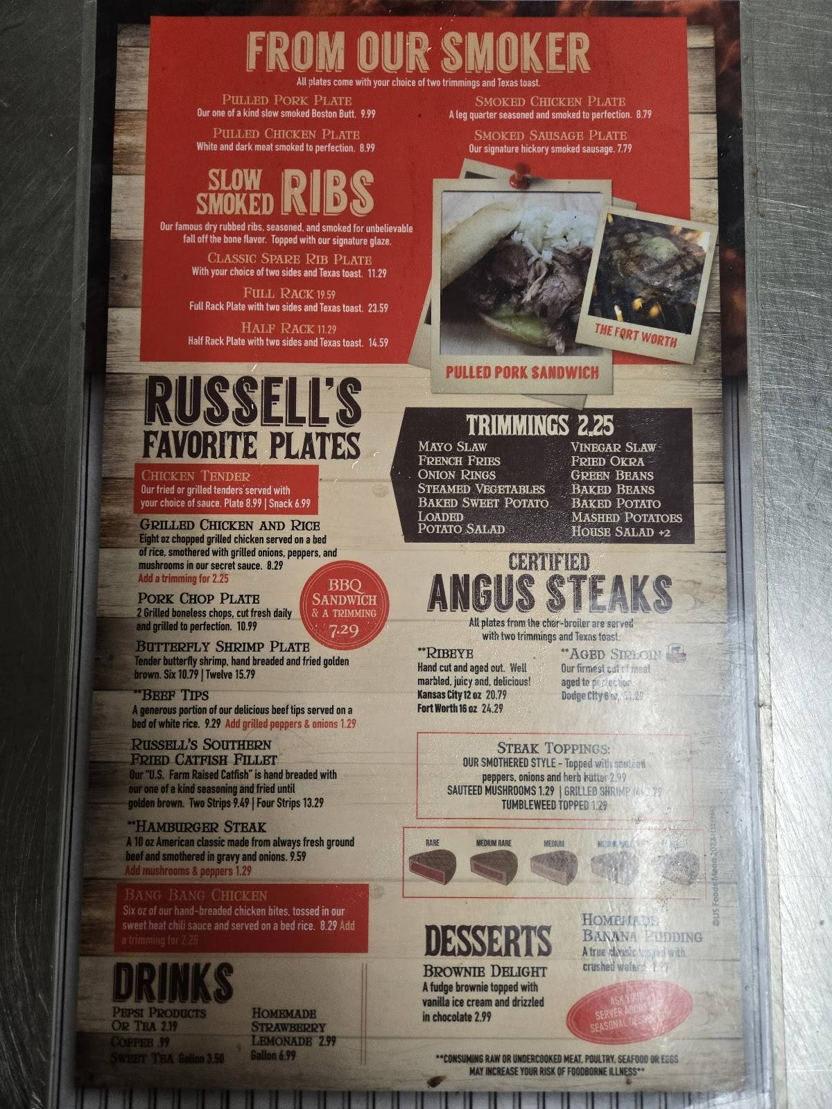 Menu at Russell's Rising Smoke restaurant, Haleyville