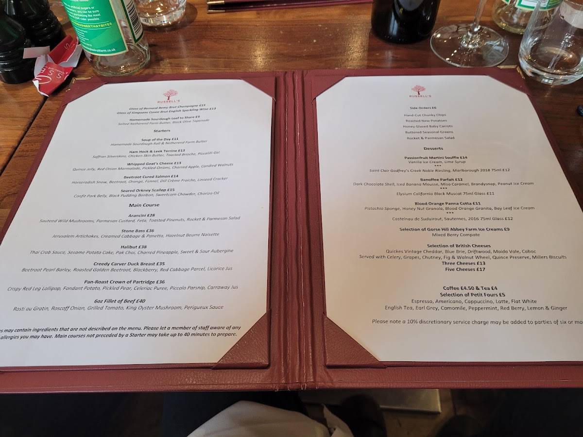 Menu at Russell’s of Broadway restaurant, Broadway