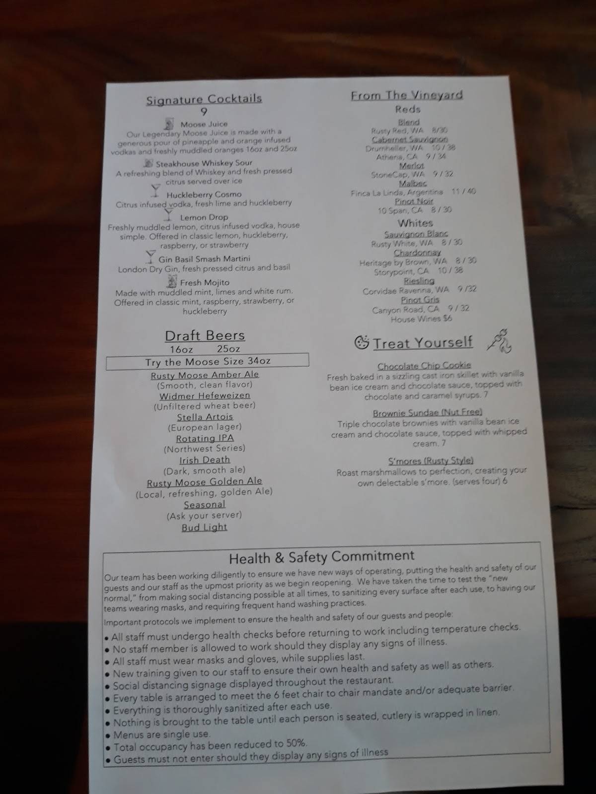 Menu at Rusty Moose steakhouse, Spokane, 9105 US-2