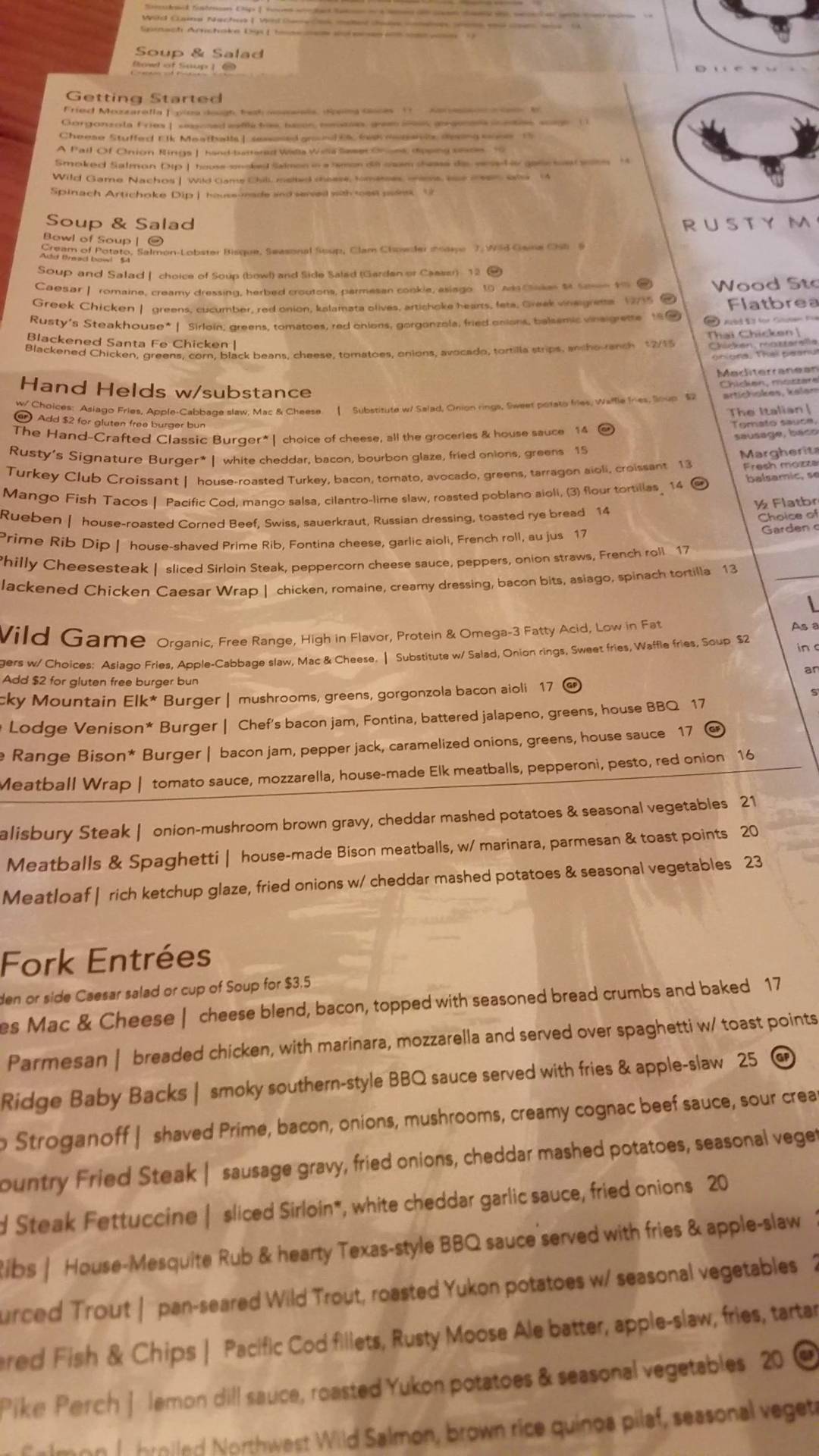 Menu at Rusty Moose steakhouse, Spokane, 9105 US-2