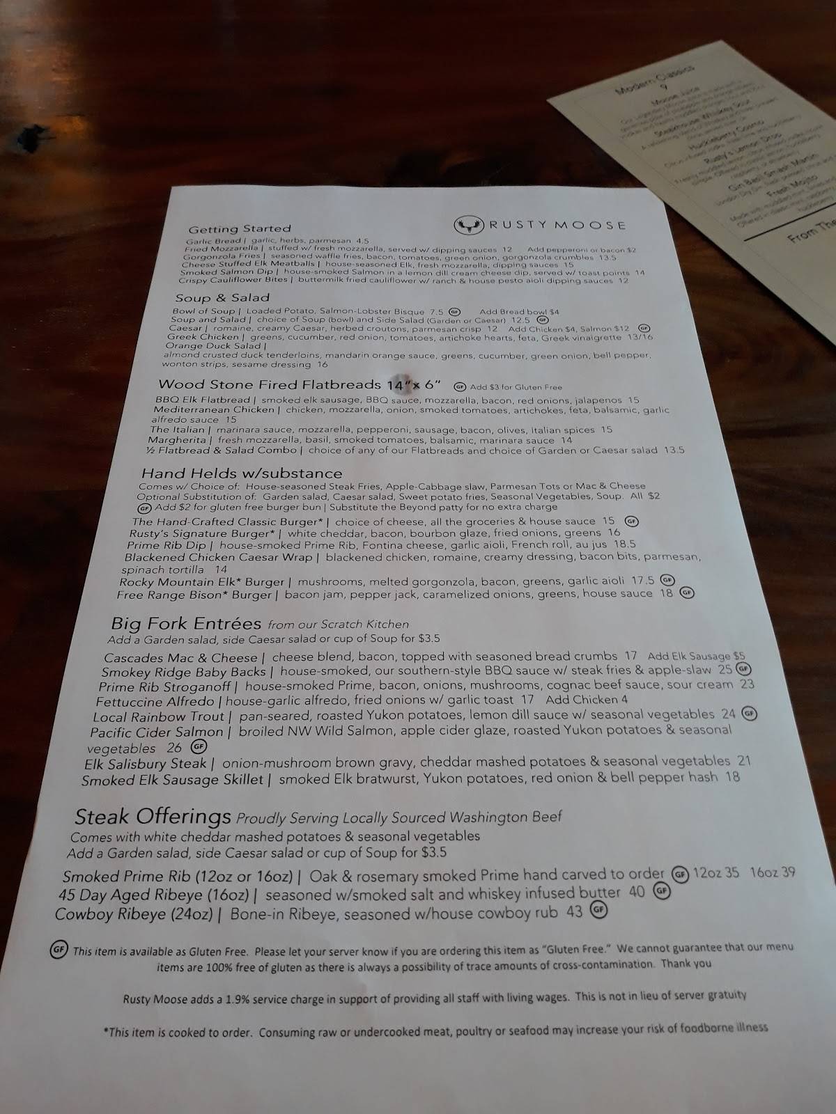 Menu at Rusty Moose steakhouse, Spokane, 9105 US-2