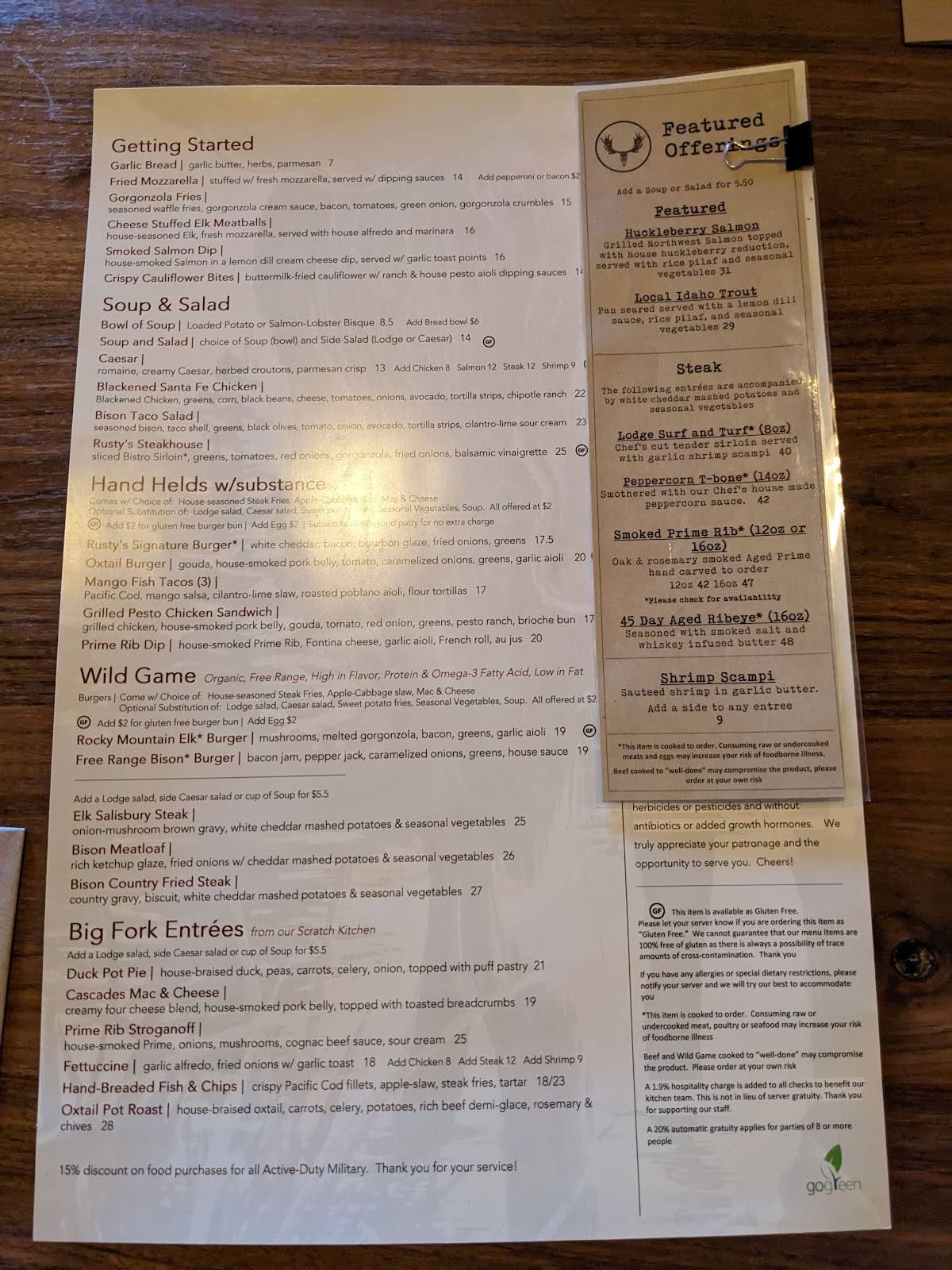 Menu at Rusty Moose steakhouse, Spokane, 9105 US-2