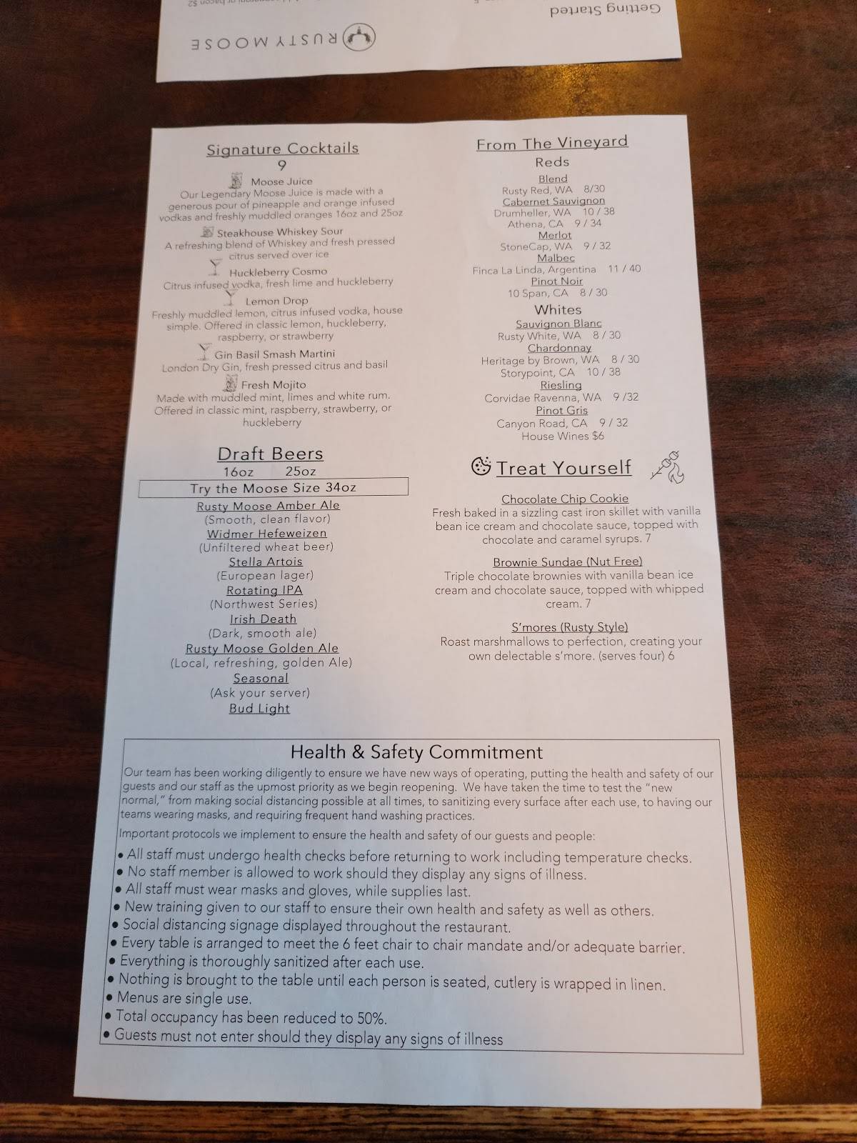 Menu at Rusty Moose steakhouse, Spokane, 9105 US-2