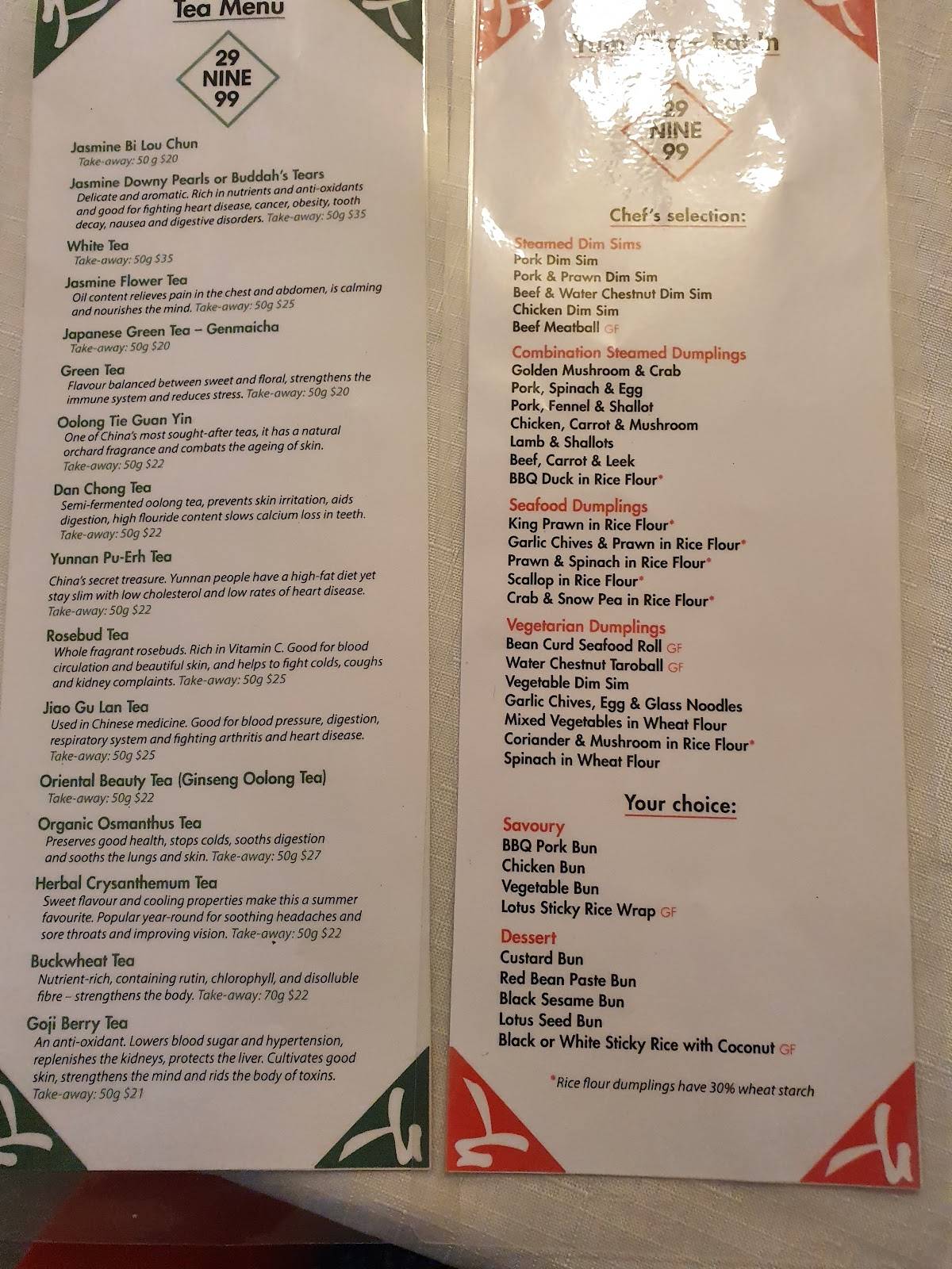 Menu at 29 Nine 99 Yum Cha & Tea House fast food, Rylstone