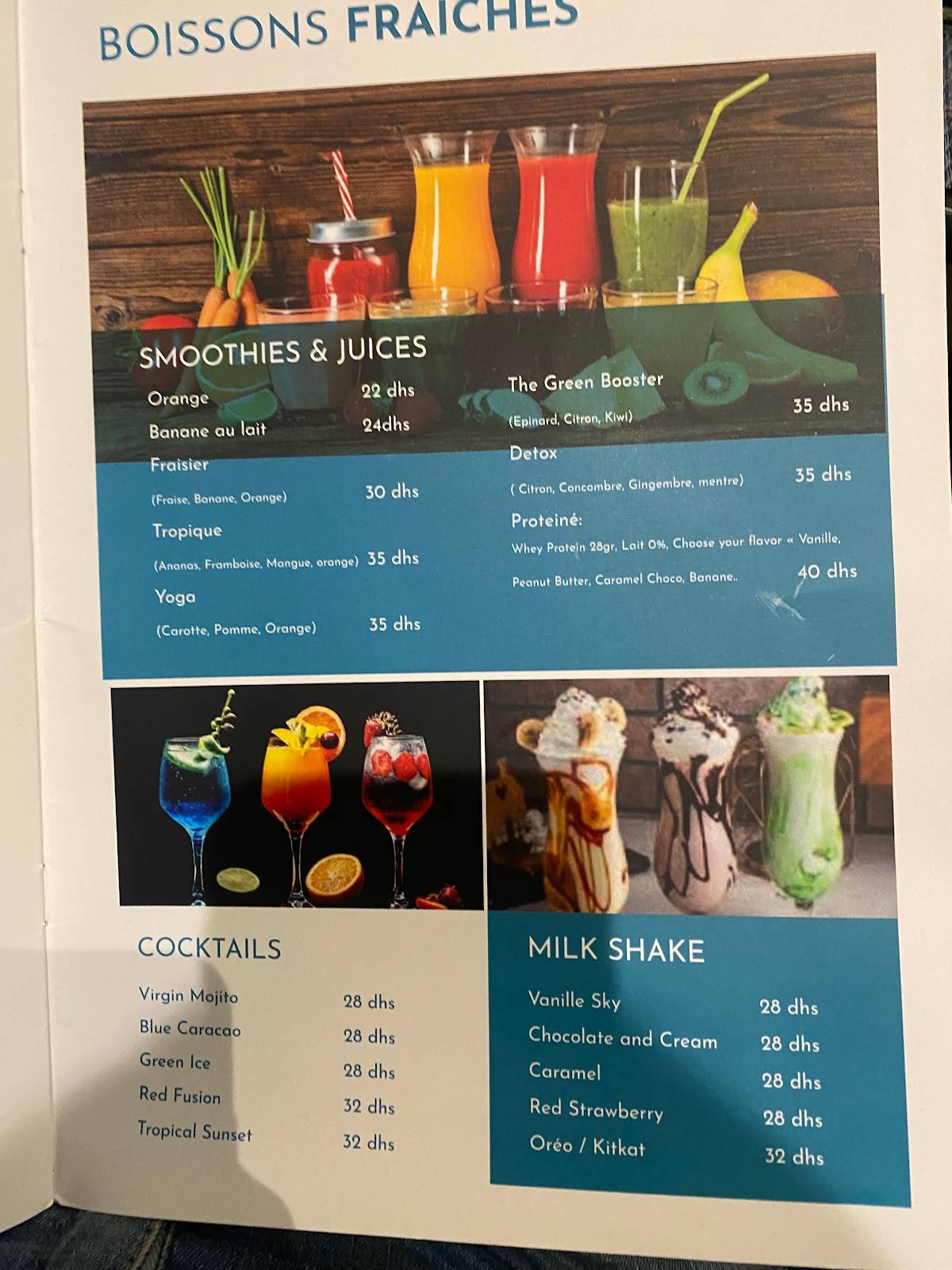 Menu au SEVEN COFFEE POOL restaurant, Casablanca