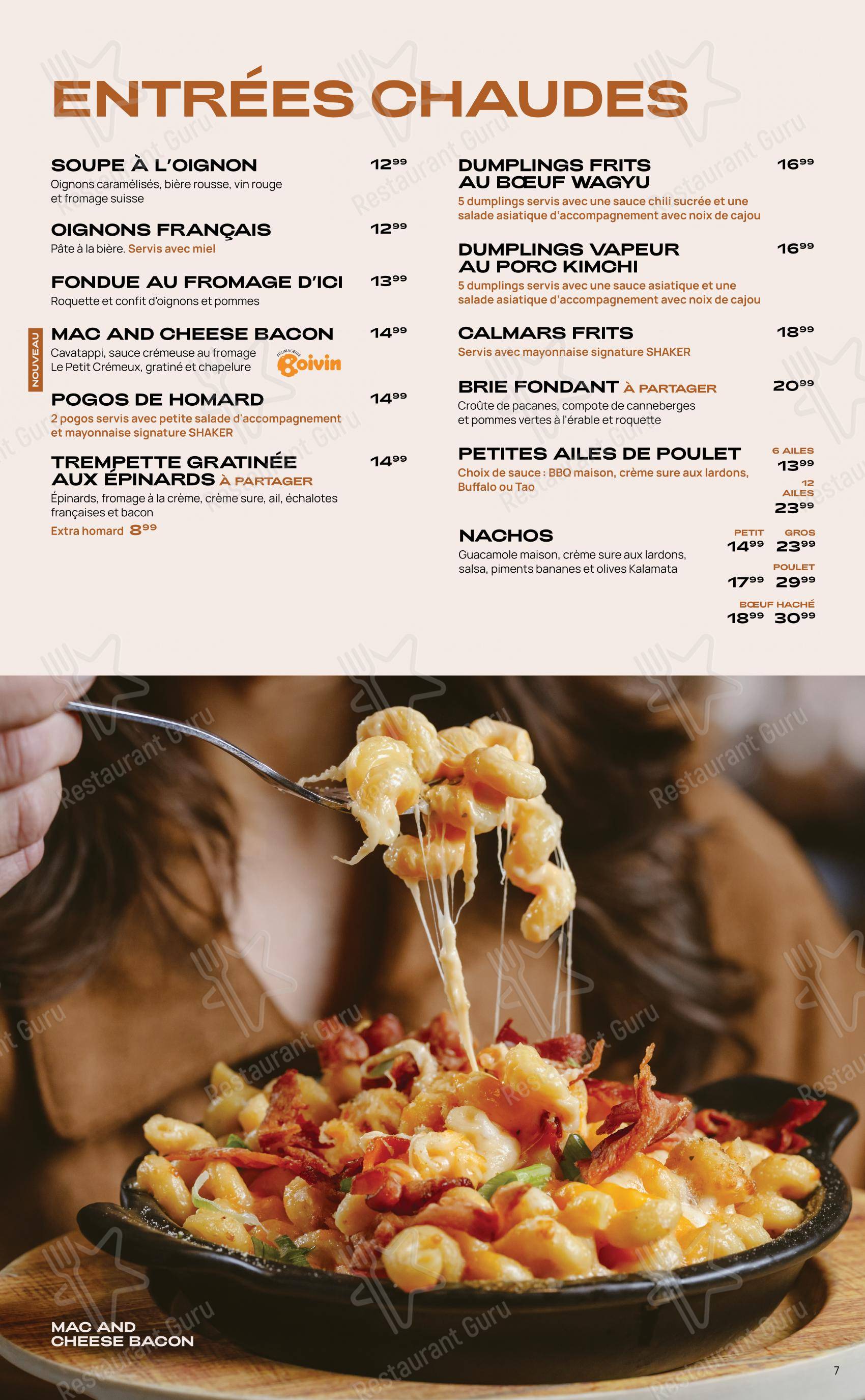Menu au SHAKER Cuisine & Mixologie Centropolis restaurant, Laval