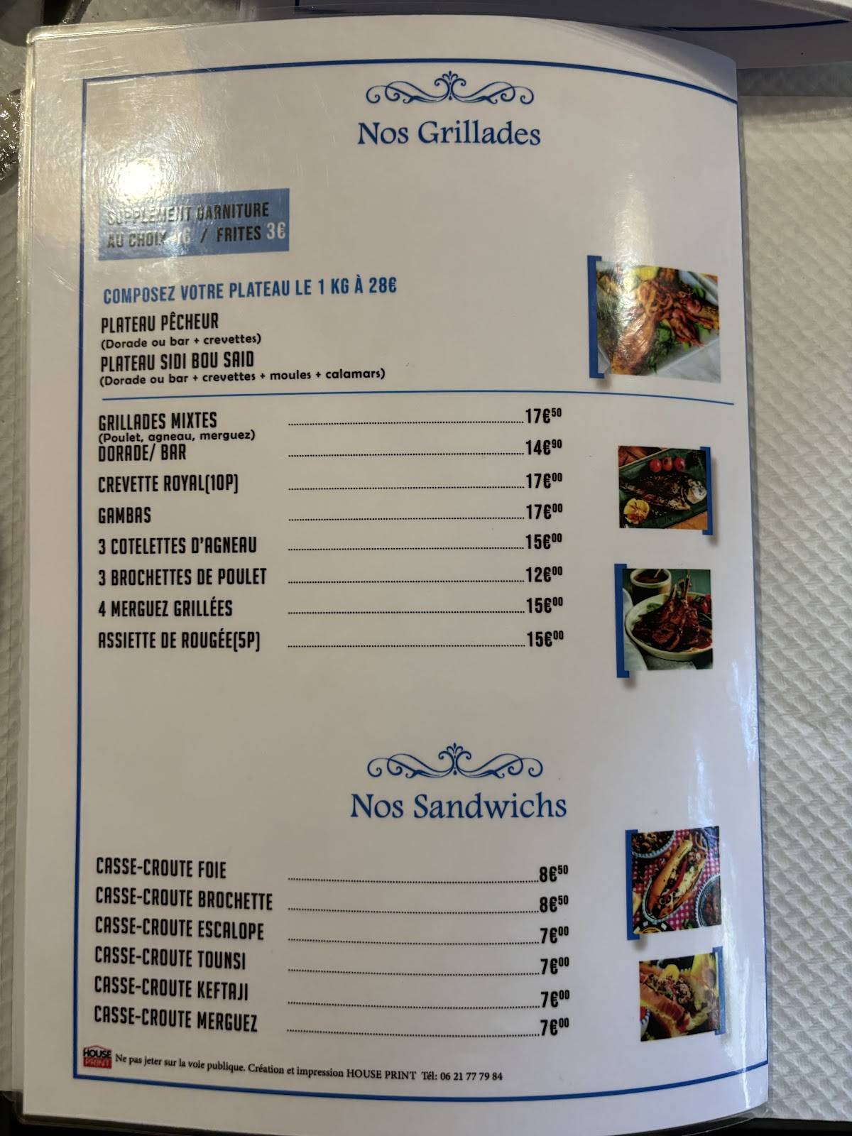 Menu au SIDI BOU SAID restaurant, Mulhouse