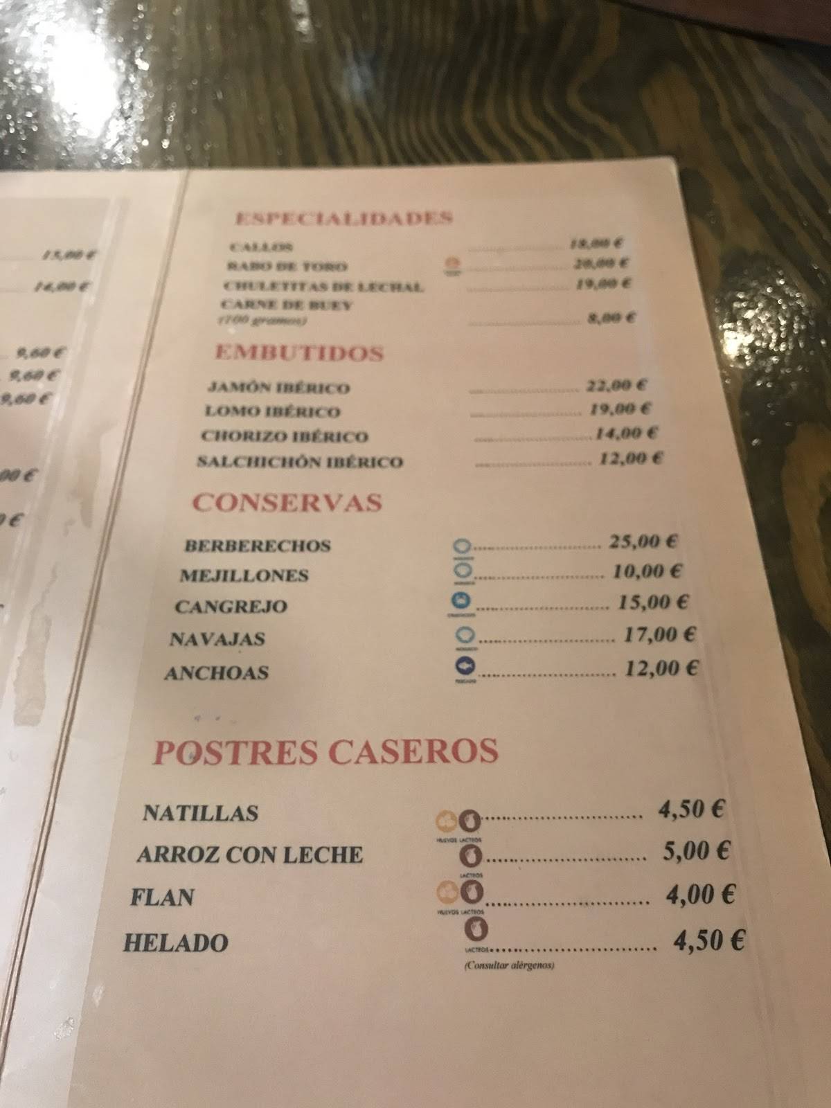 Carta de BAR CASA SIERRA, Madrid