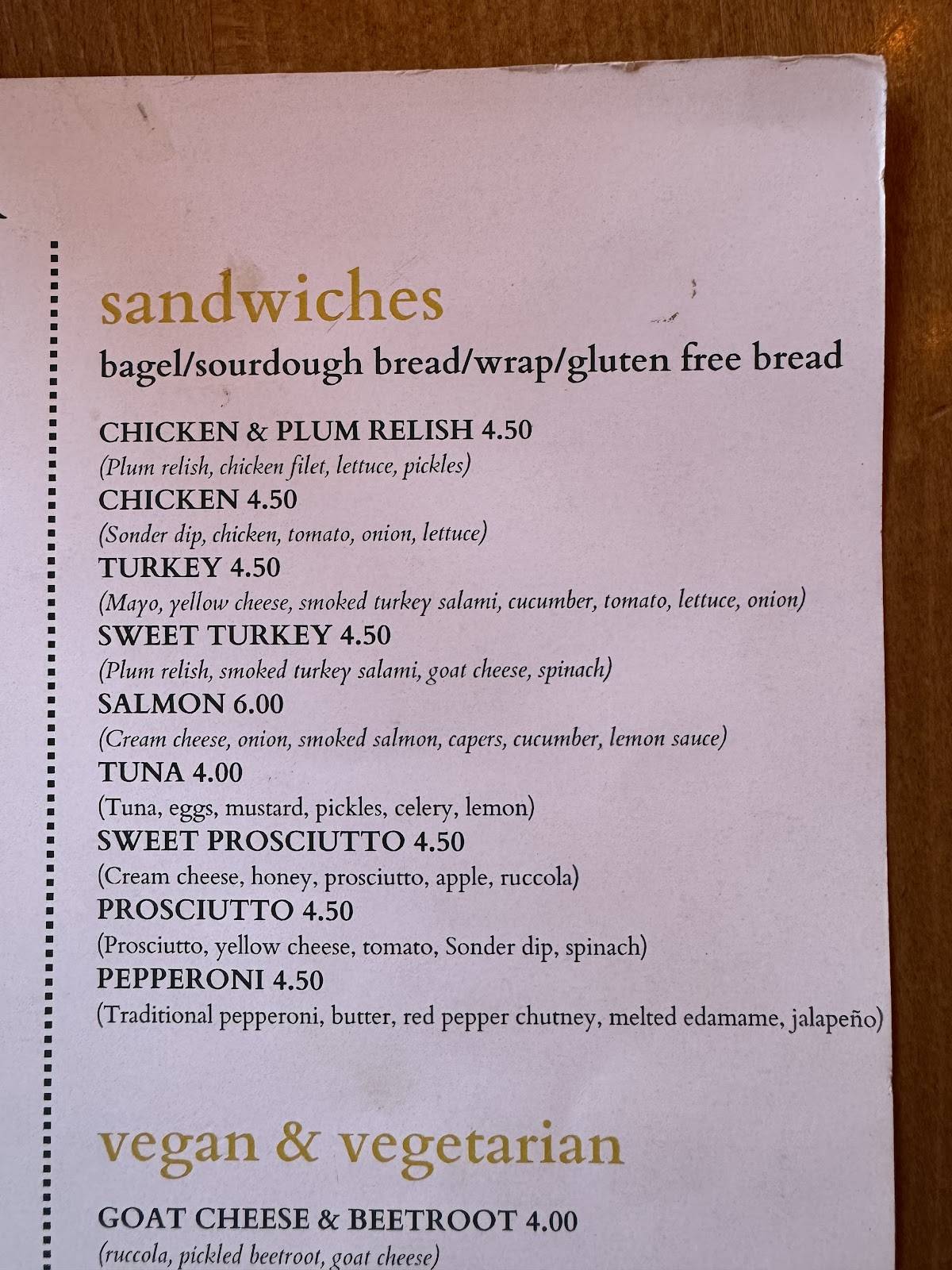 Menu at Sonder restaurant, Prishtina