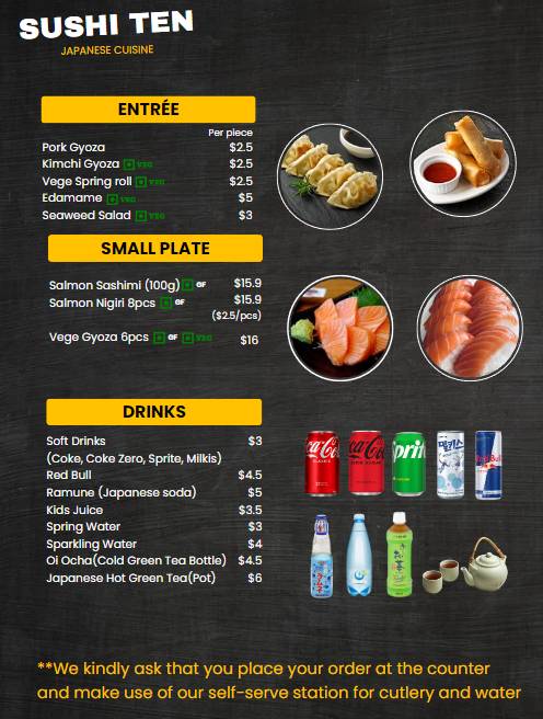 Menu at SUSHI TEN, Yarralumla