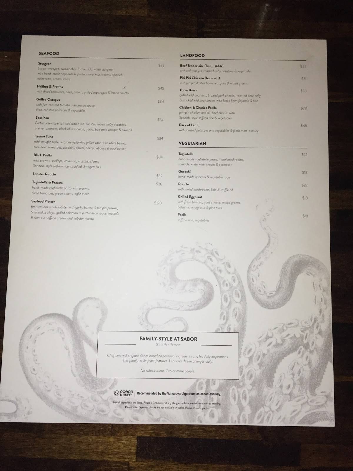 Menu at Sabor Restaurant, Edmonton