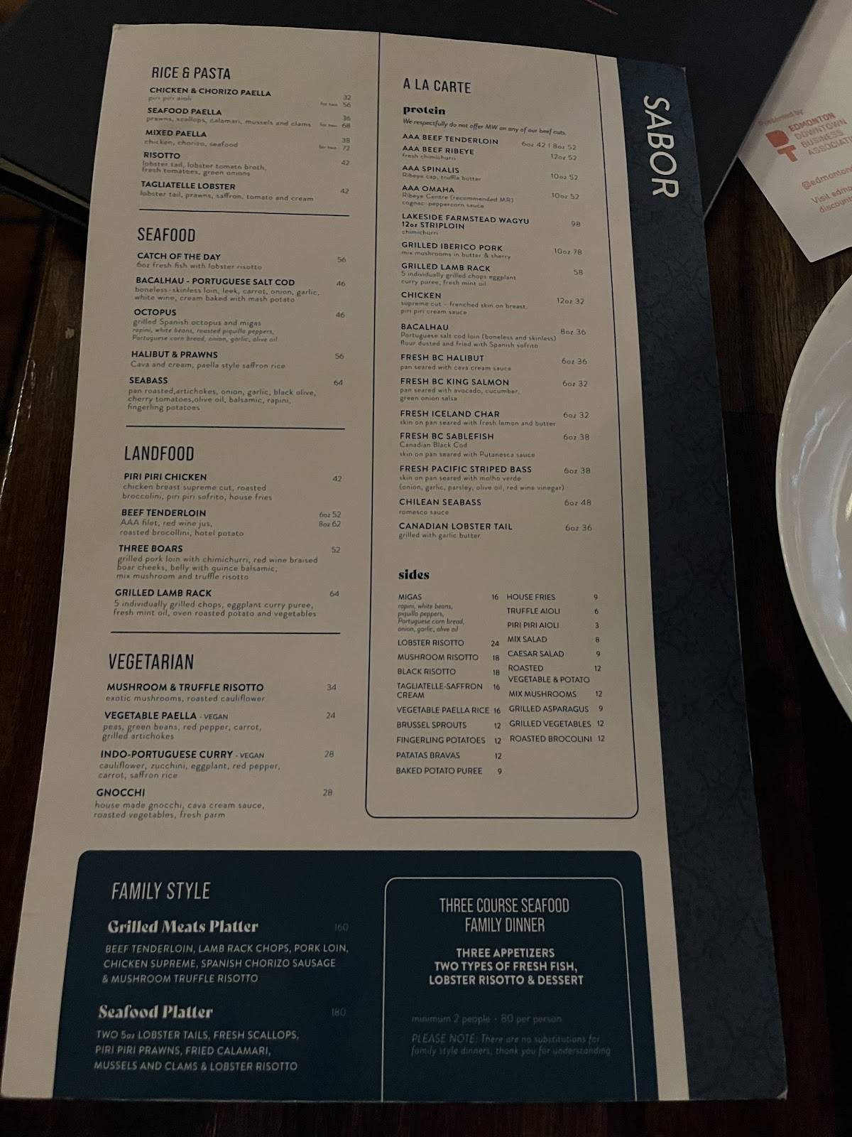 Menu at Sabor Restaurant, Edmonton