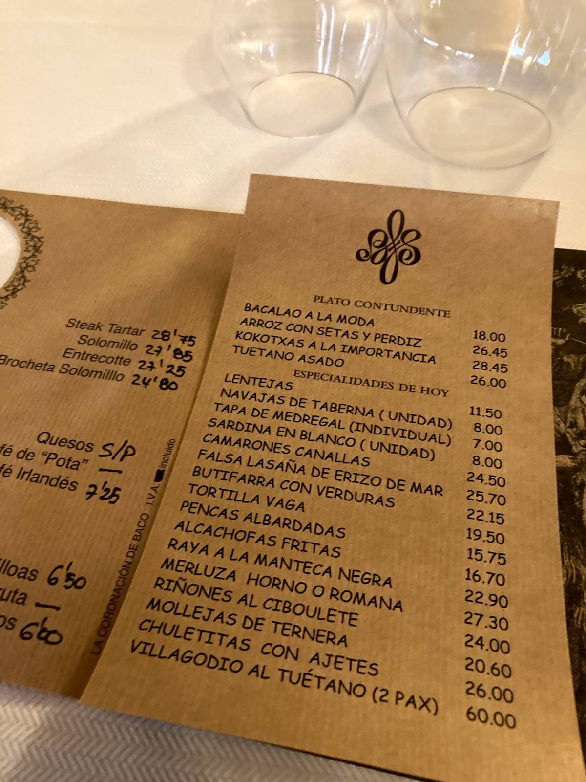 Carta de Restaurante Sacha, Madrid