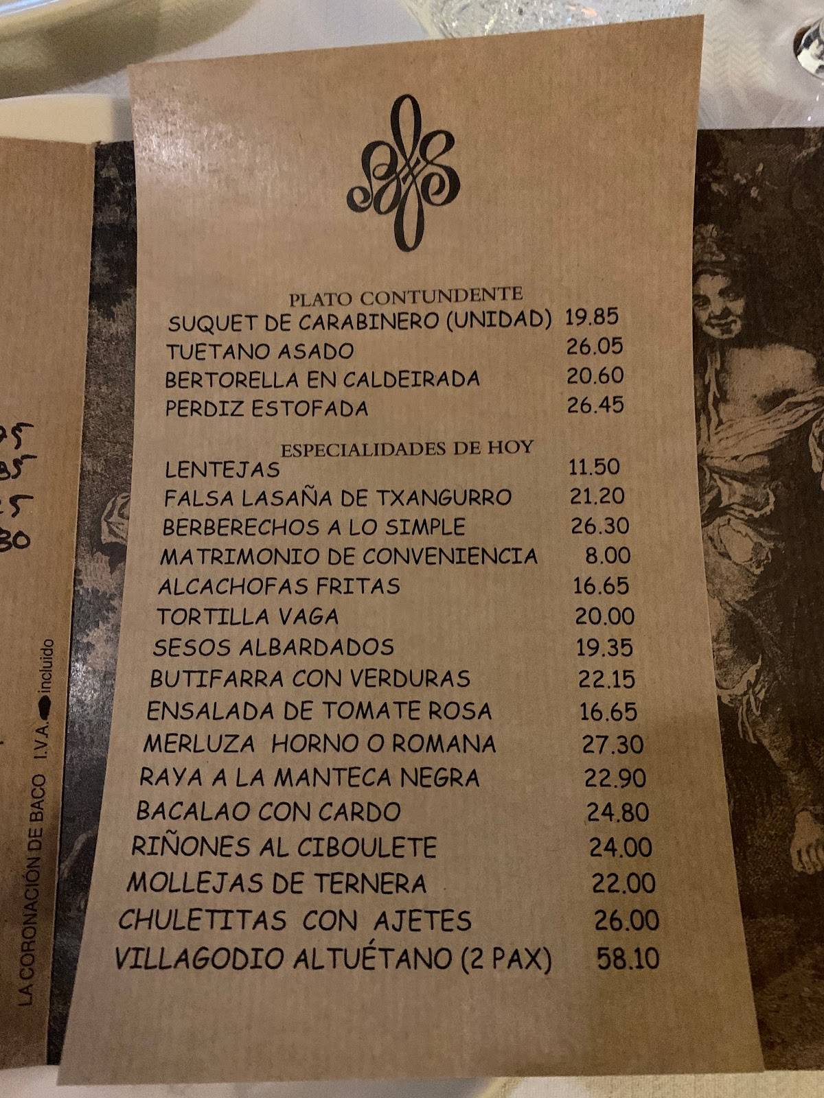 Menu at Sacha Restaurant, Madrid