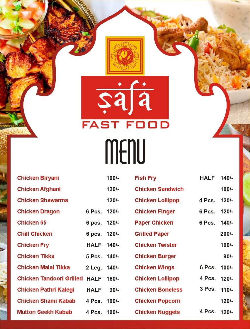 Menu at Safa Fast Food, Bhopal