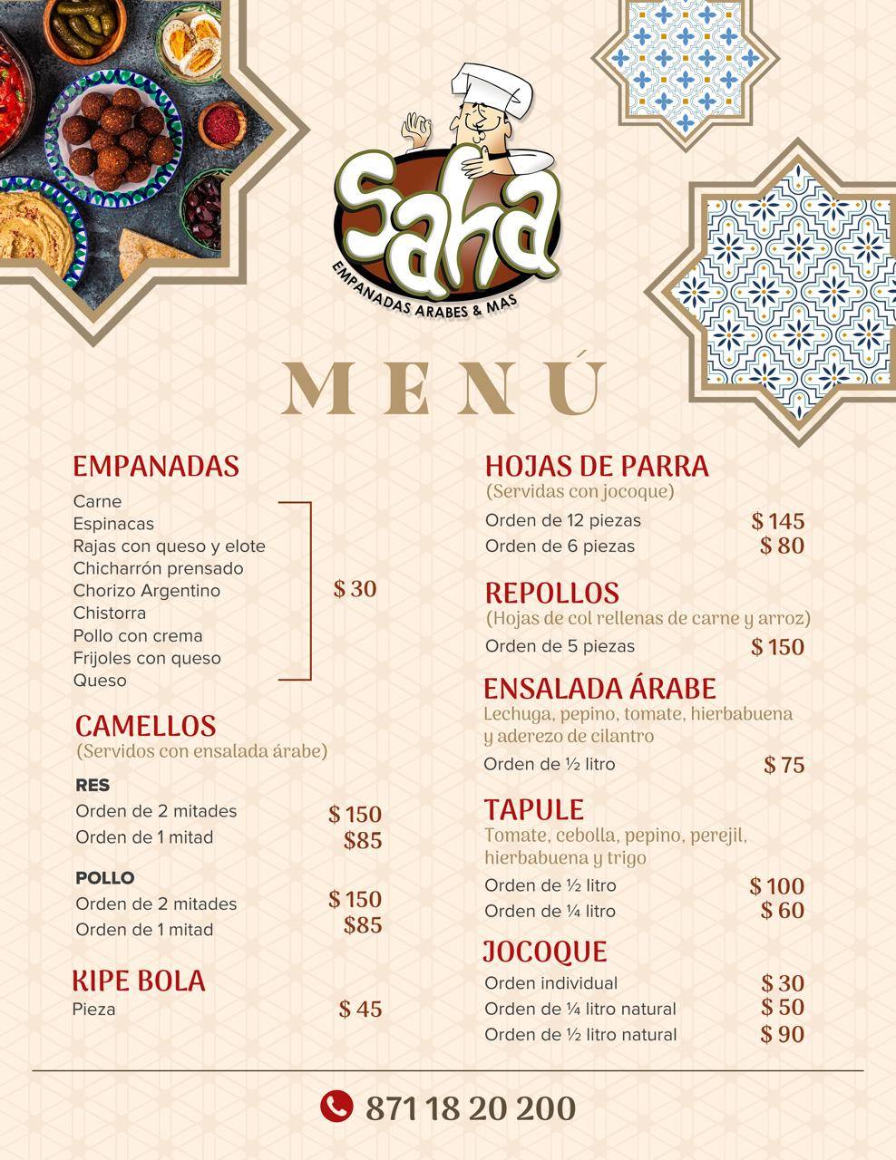 Carta del restaurante Saha, Torreón
