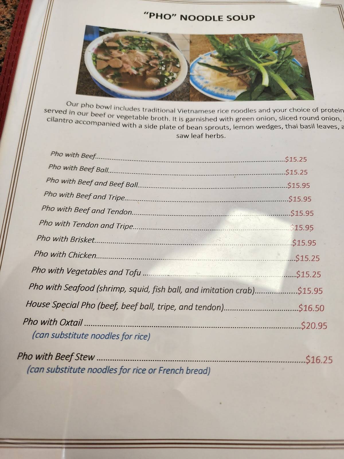 Menu at Saigon Noodle House restaurant, Kailua, Keolu Dr