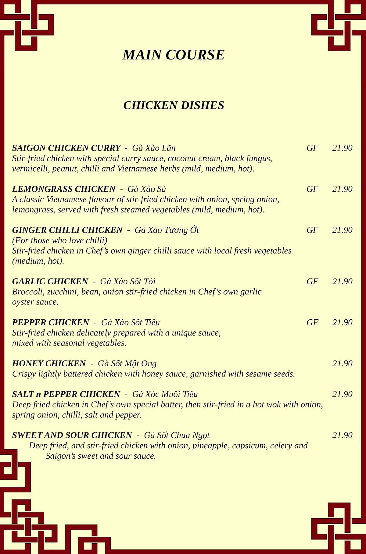 Menu at Saigon Silver Sands restaurant, South Yunderup