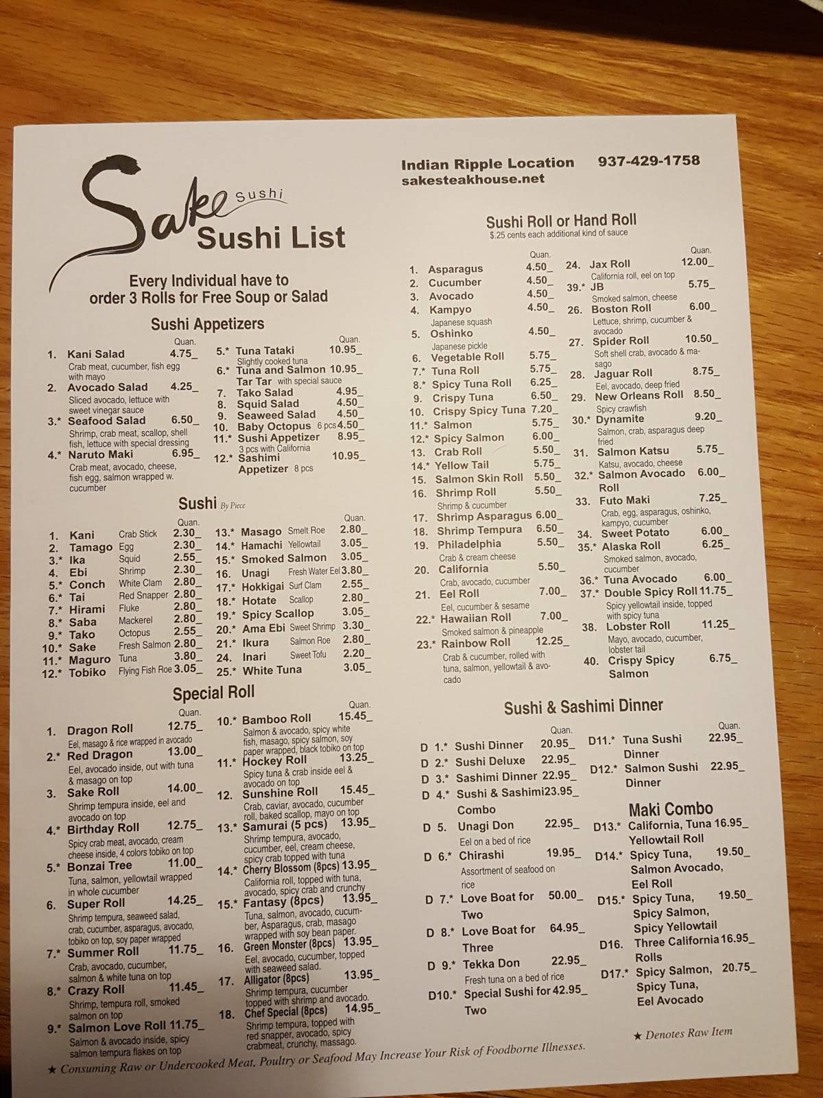 Menu at Sake Japanese Restaurant, Dayton, Indian Ripple Rd