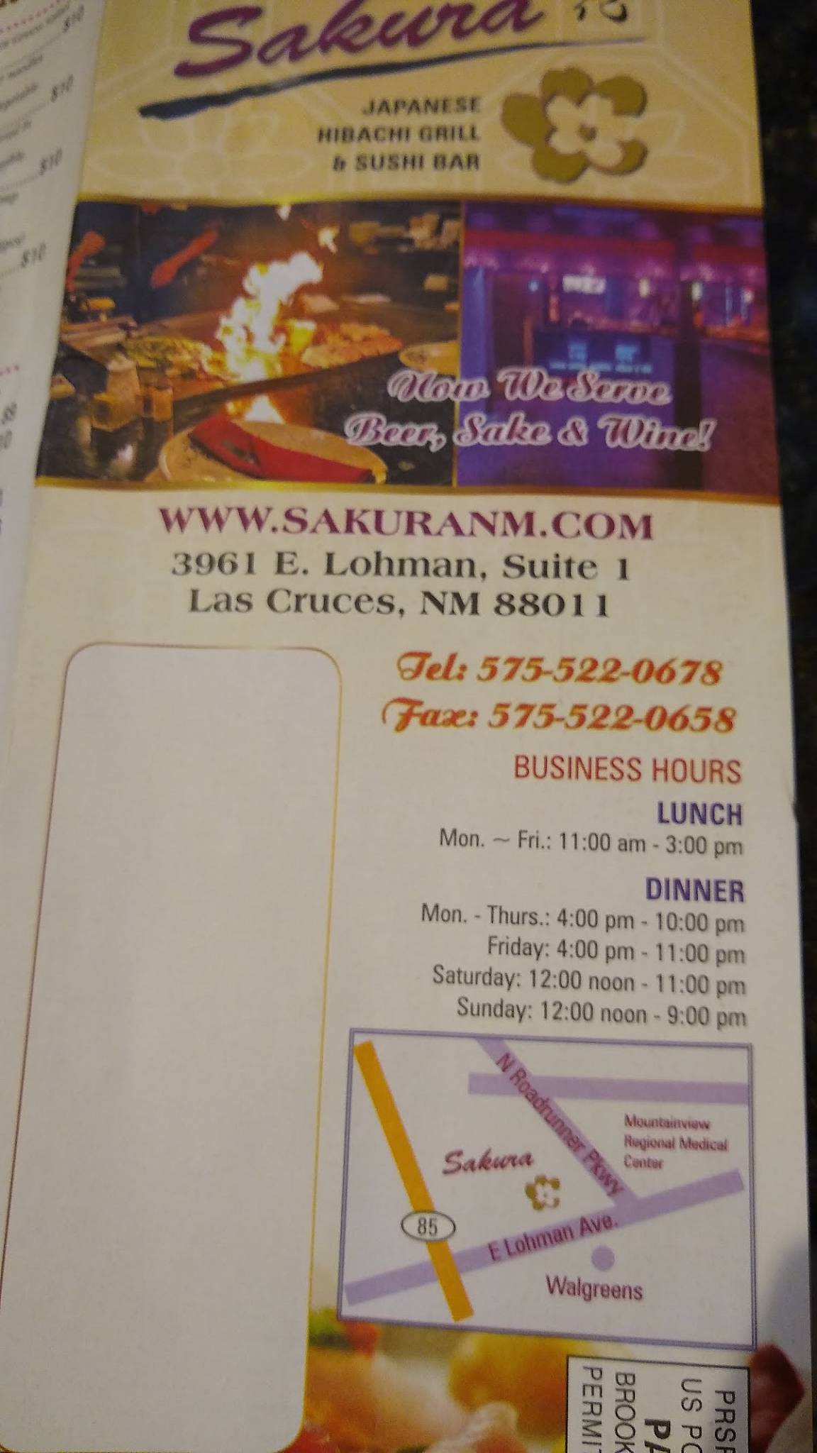 Menu at Sakura Japanese House restaurant, Las Cruces