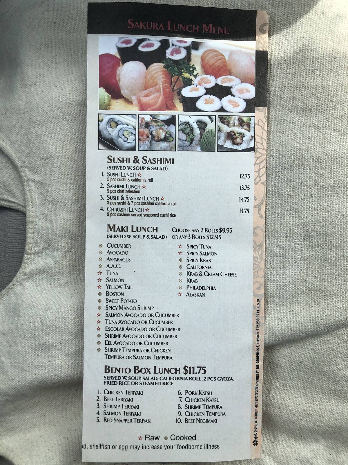 Menu at Sakura Japanese Restaurant, The Villages, 265 Colony Blvd