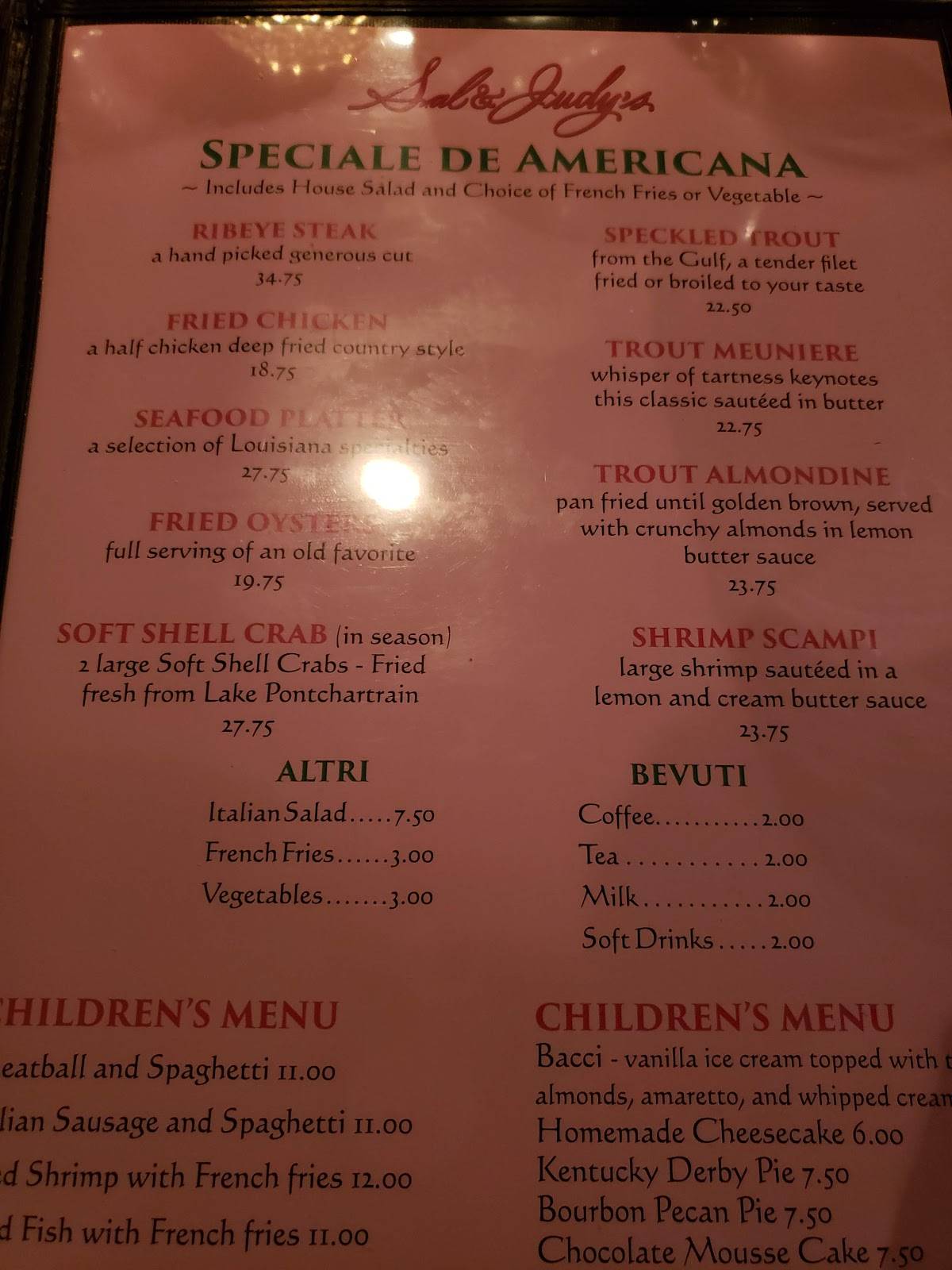 Menu at Sal & Judy's restaurant, Lacombe