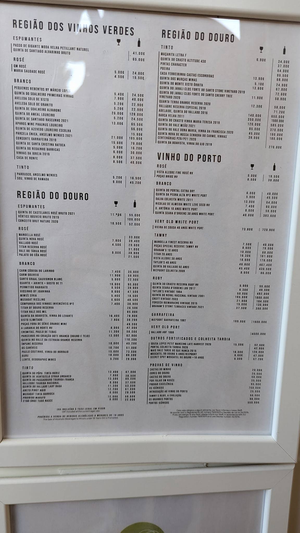 Menu at Sala de Prova restaurant, Porto