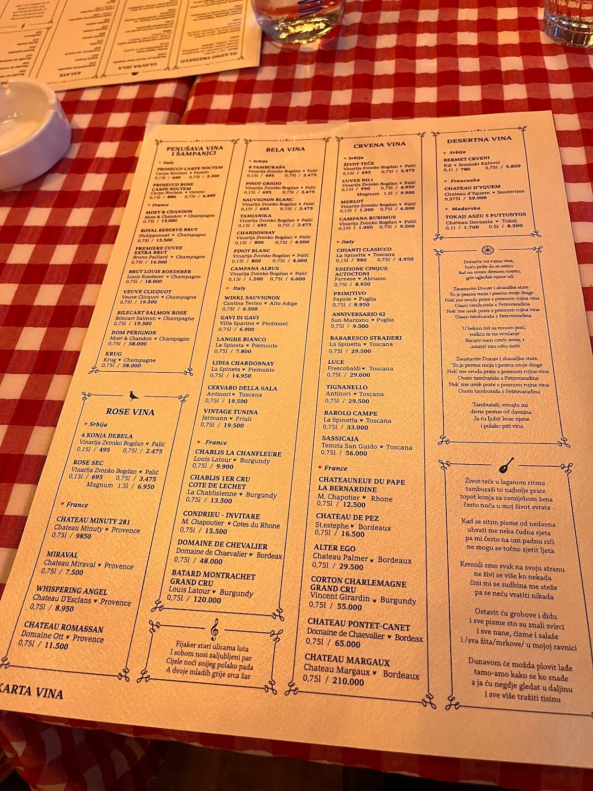 Speisekarte von Salaš Vinarije Zvonko Bogdan Beograd restaurant, Belgrad