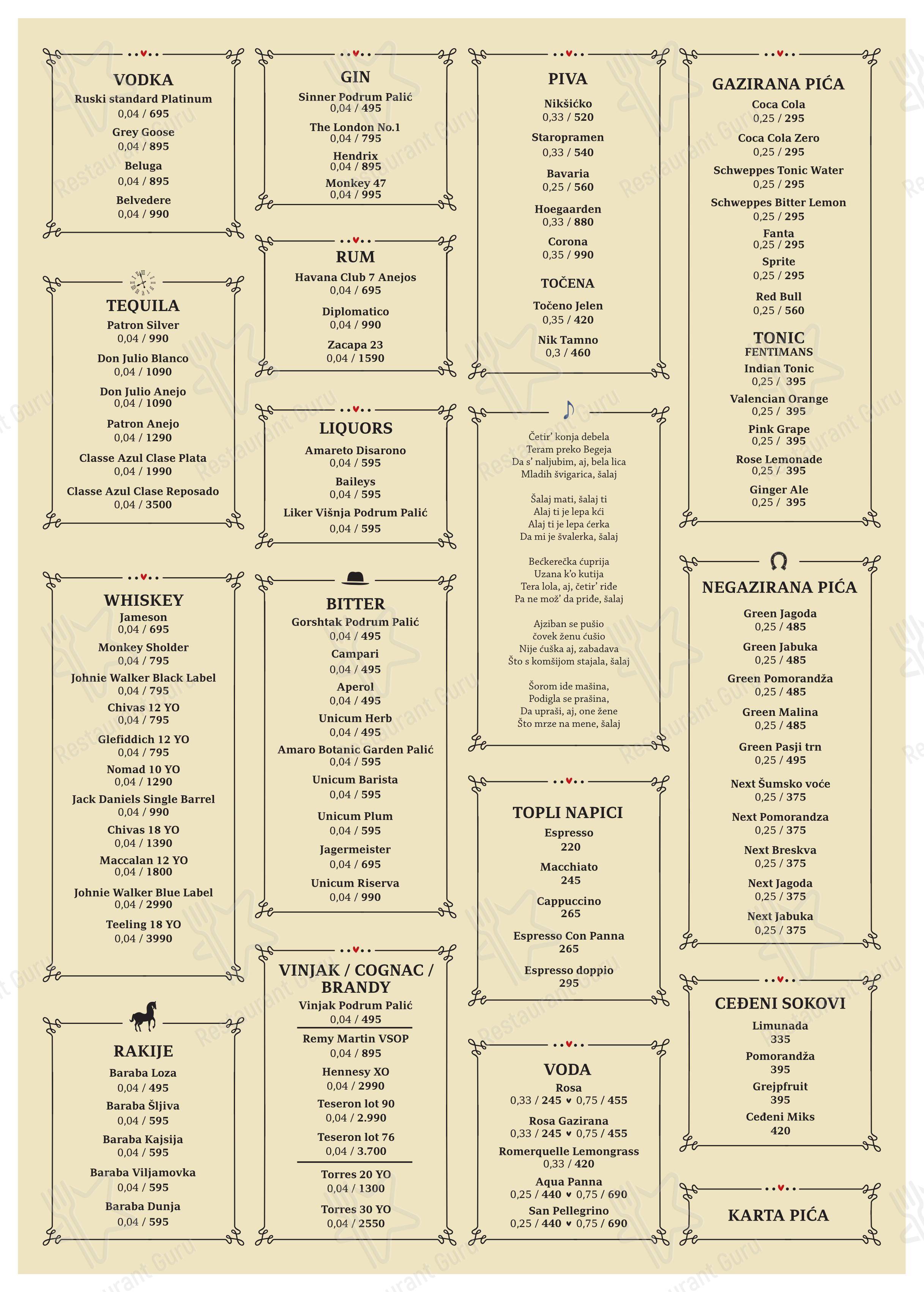 Menu au Salaš Vinarije Zvonko Bogdan Beograd restaurant, Belgrade