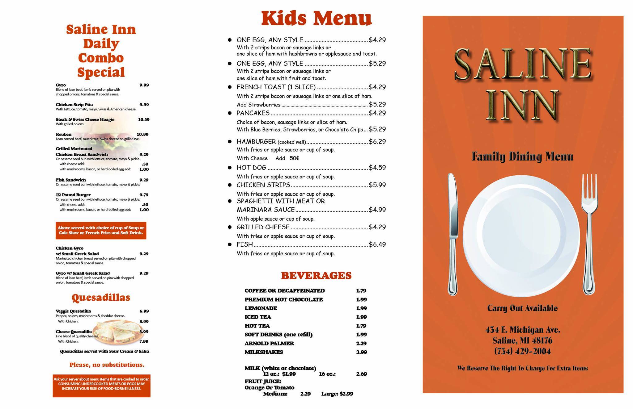 Menu at Saline Inn restaurant, Saline