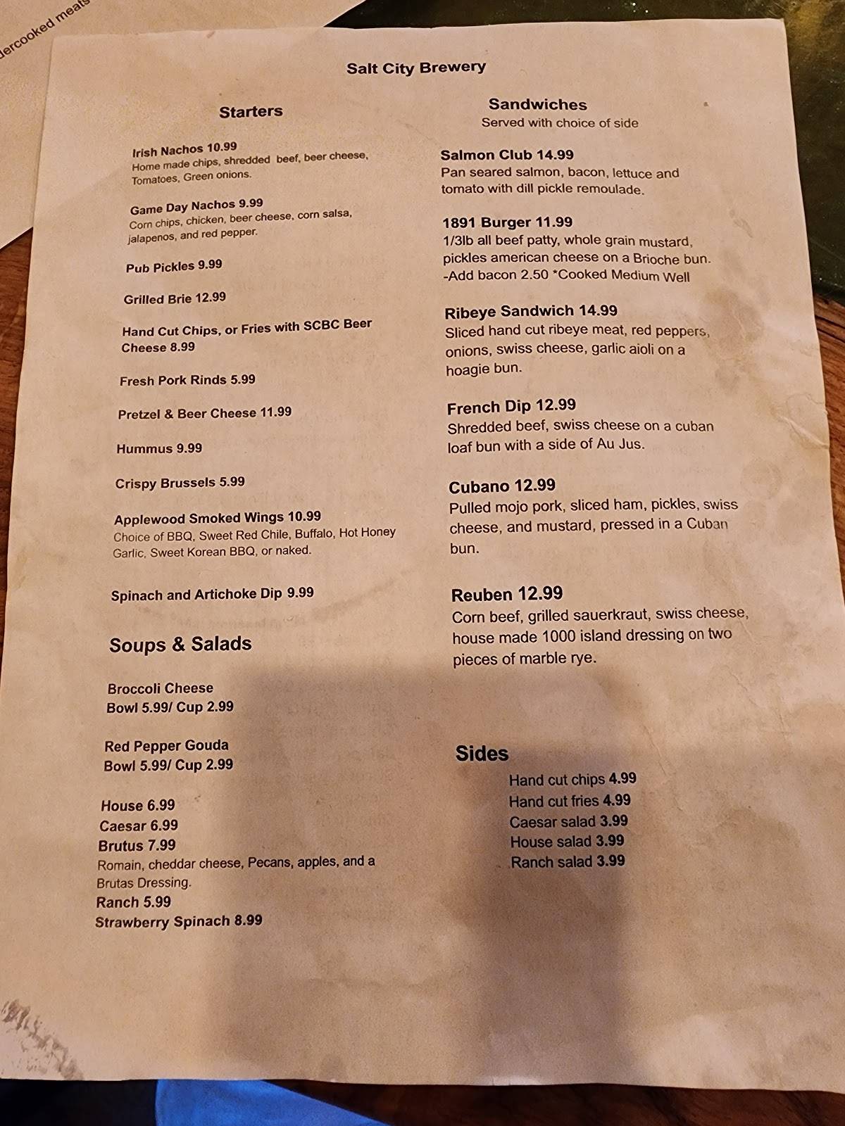 Menu at Salt City Brewing Company restaurant, Hutchinson