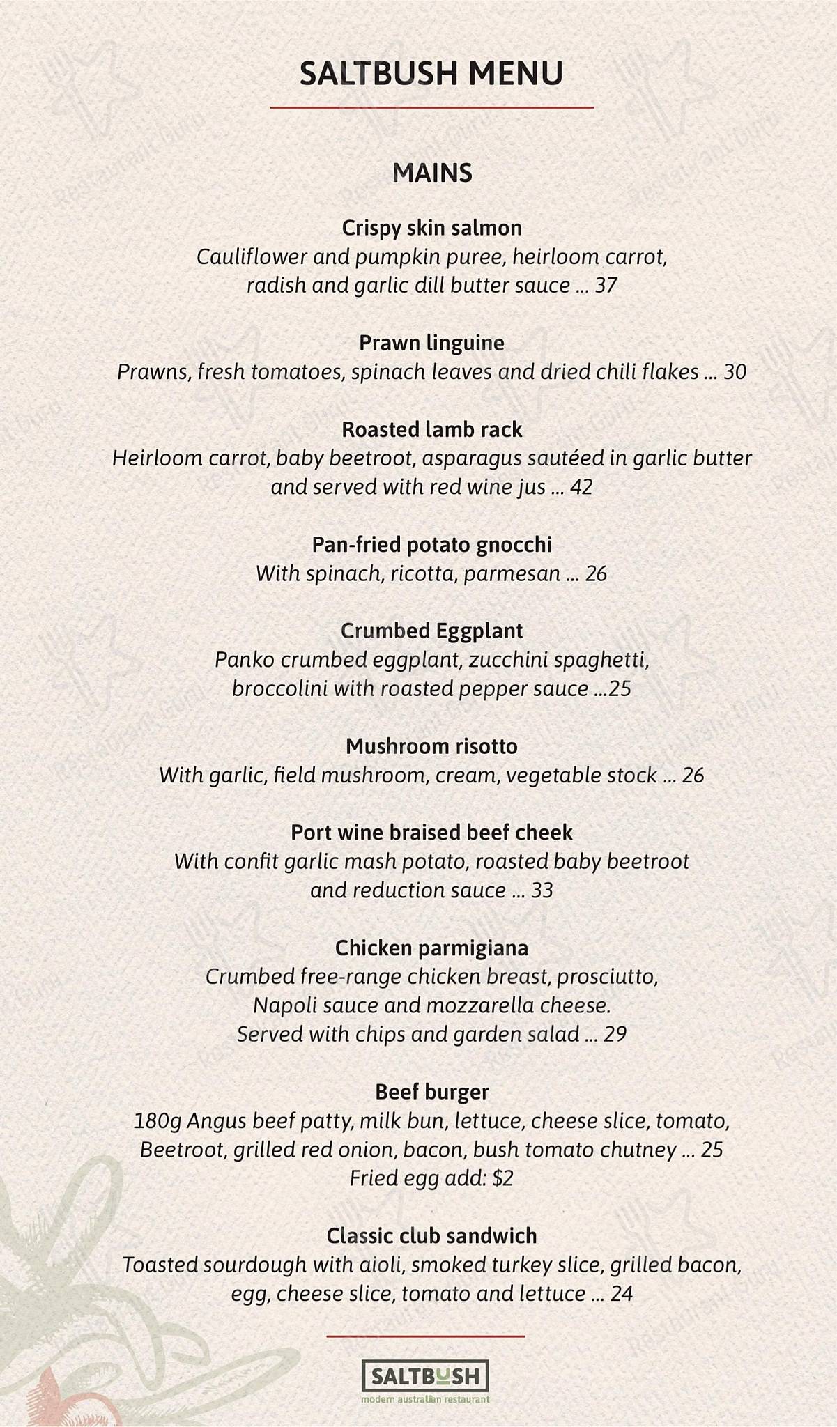 Menu at Saltbush restaurant, Alice Springs