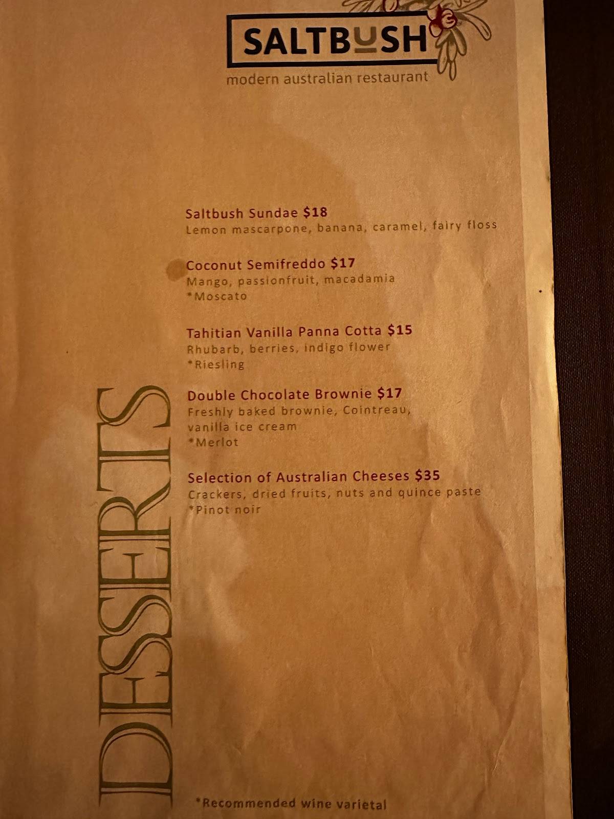Menu at Saltbush restaurant, Desert Springs