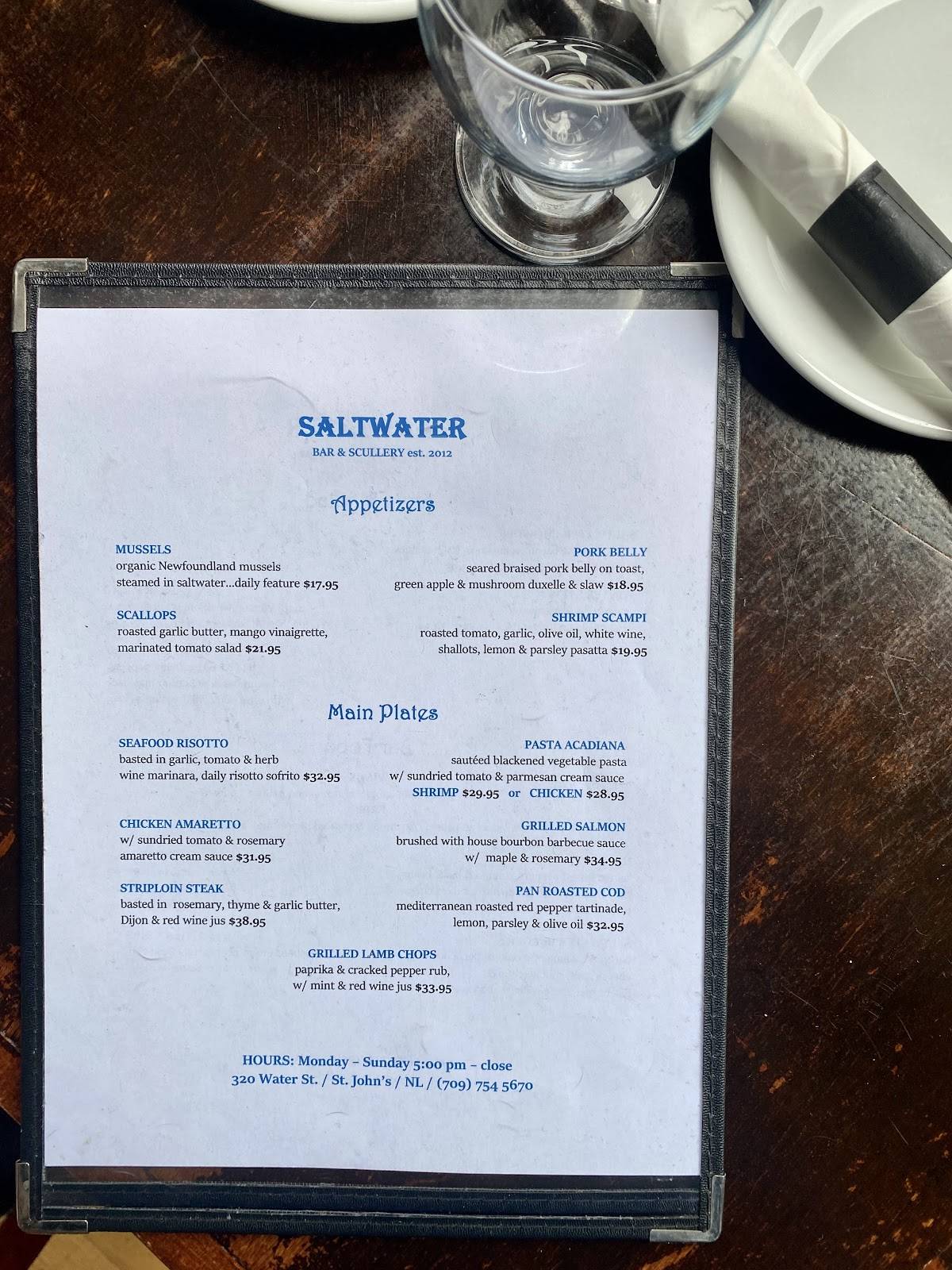 Menu at Saltwater restaurant, St. John's