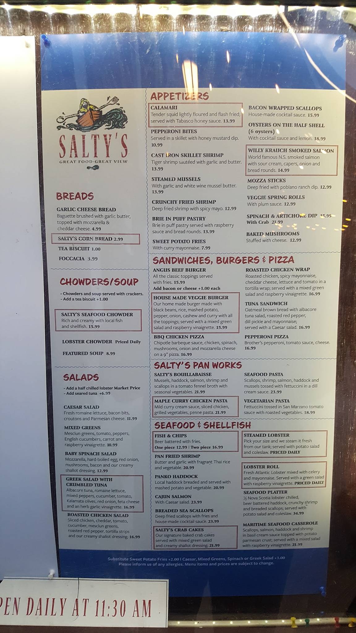 Menu at Salty's restaurant, Halifax